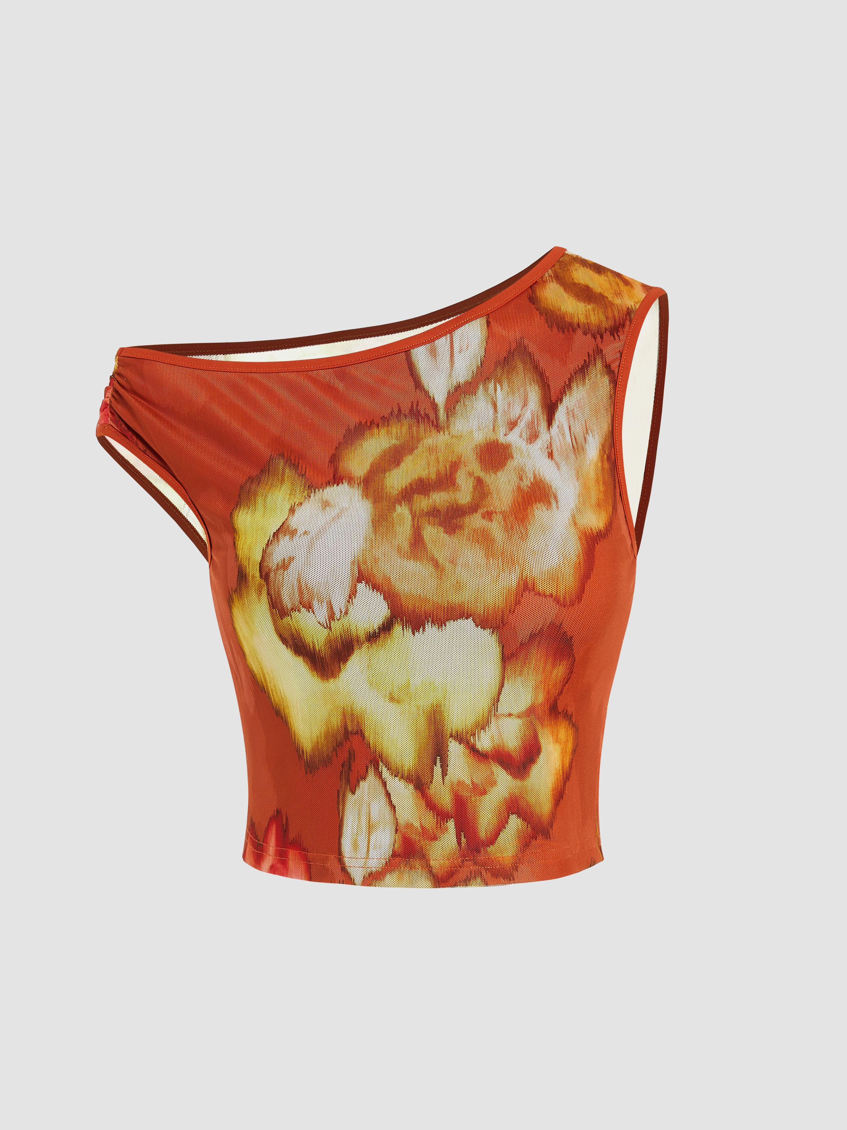 Mesh Asymmetrical Neck Floral Crop Top - Cider