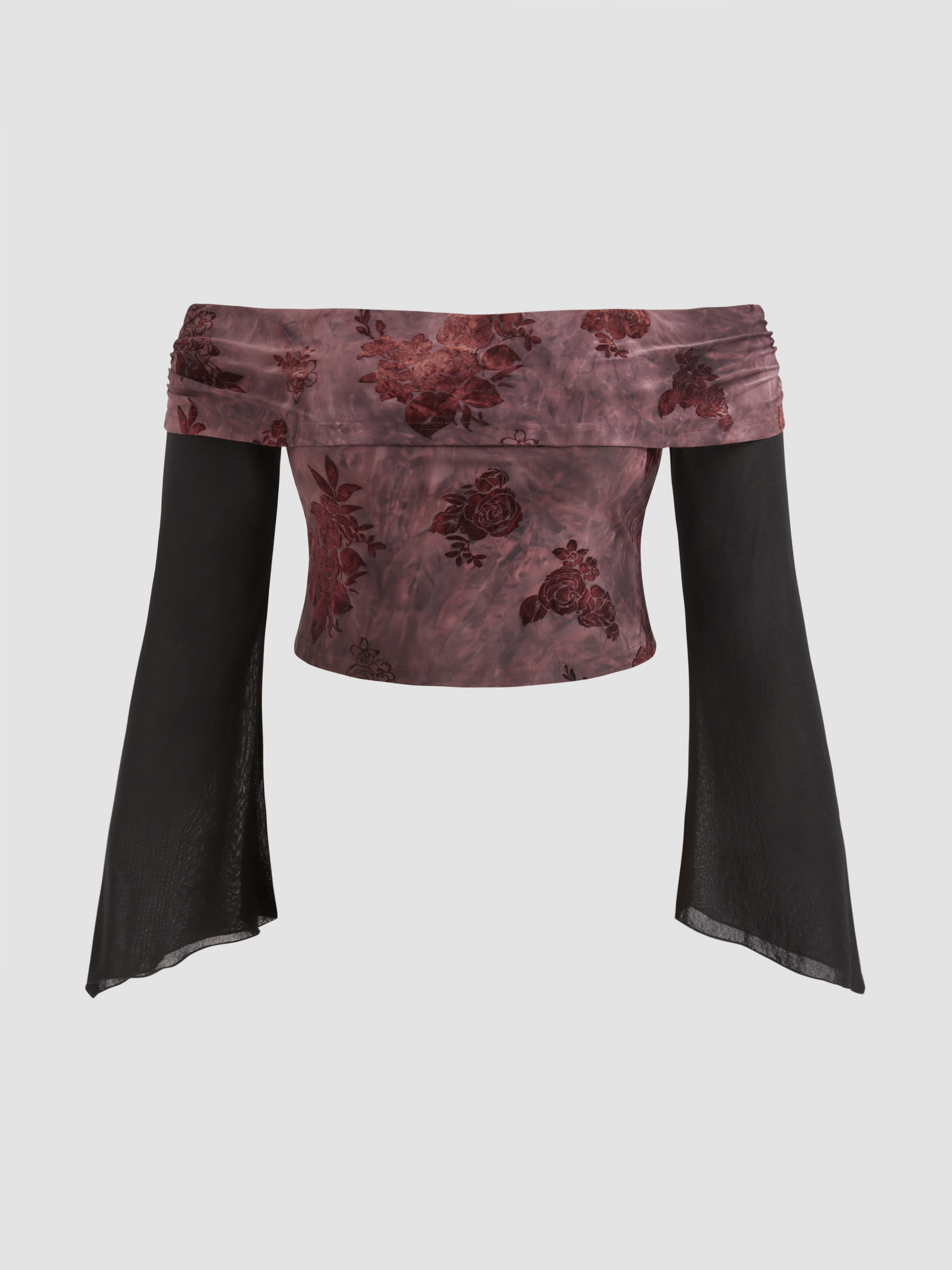 Material Mesh Off-shoulder Floral Bell Sleeve Top Curve & Plus For ...