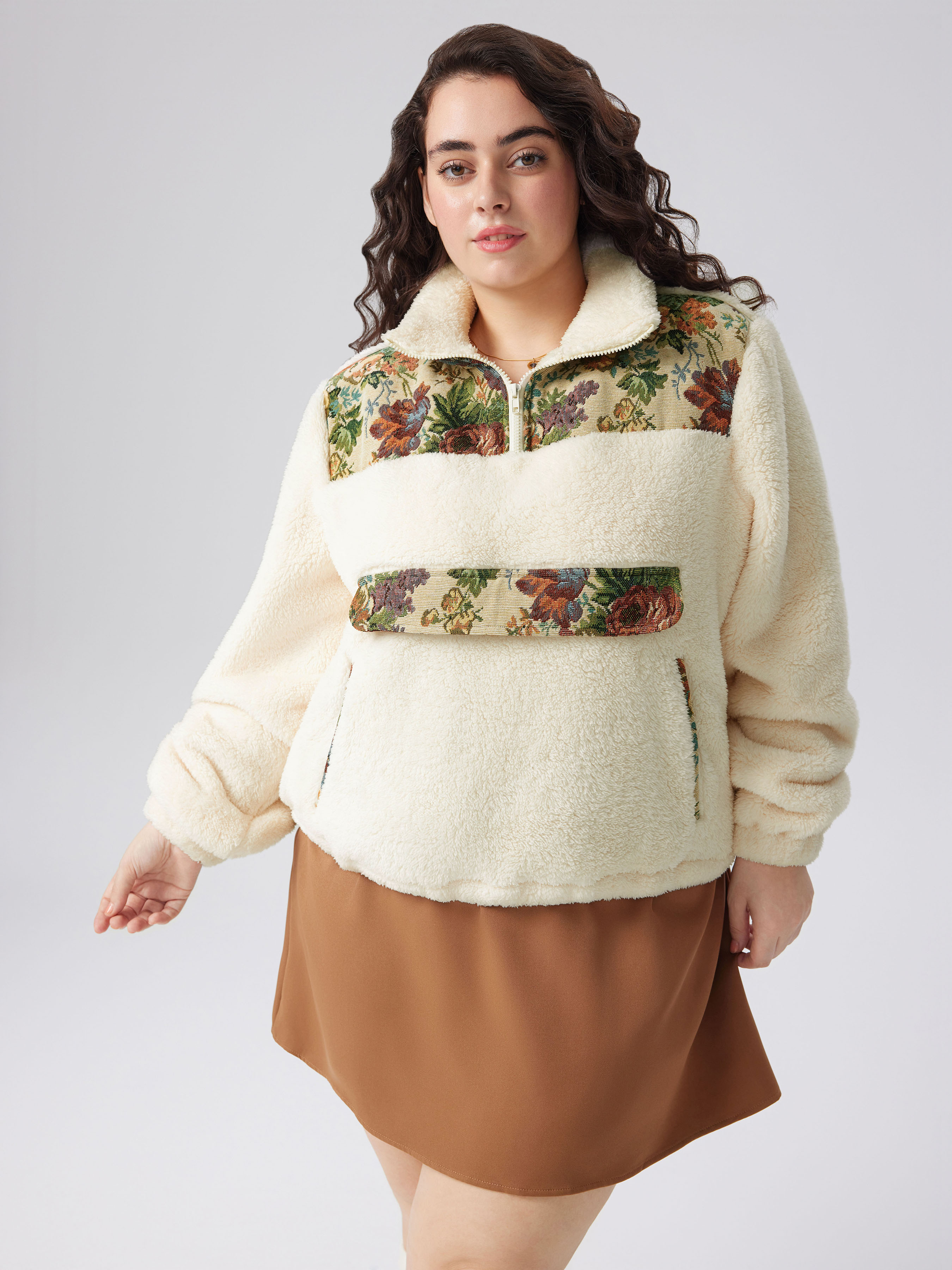 Fleece Fleece Collar Floral Jacquard Sweatshirt Curve & Plus For Daily ...