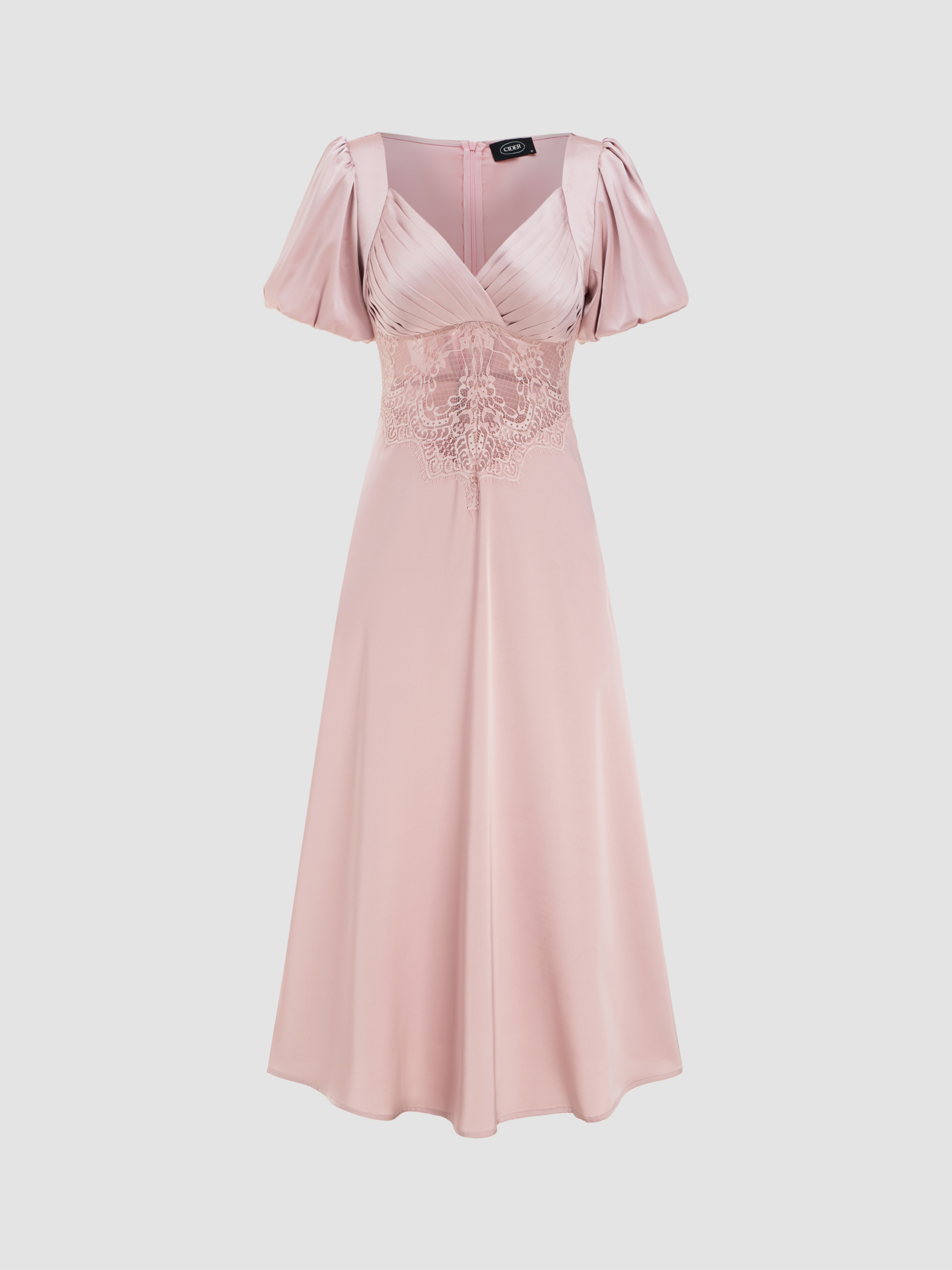 Woven Satin V-neck Lace Patchy Puff Sleeve Midi Dress For Date Party ...