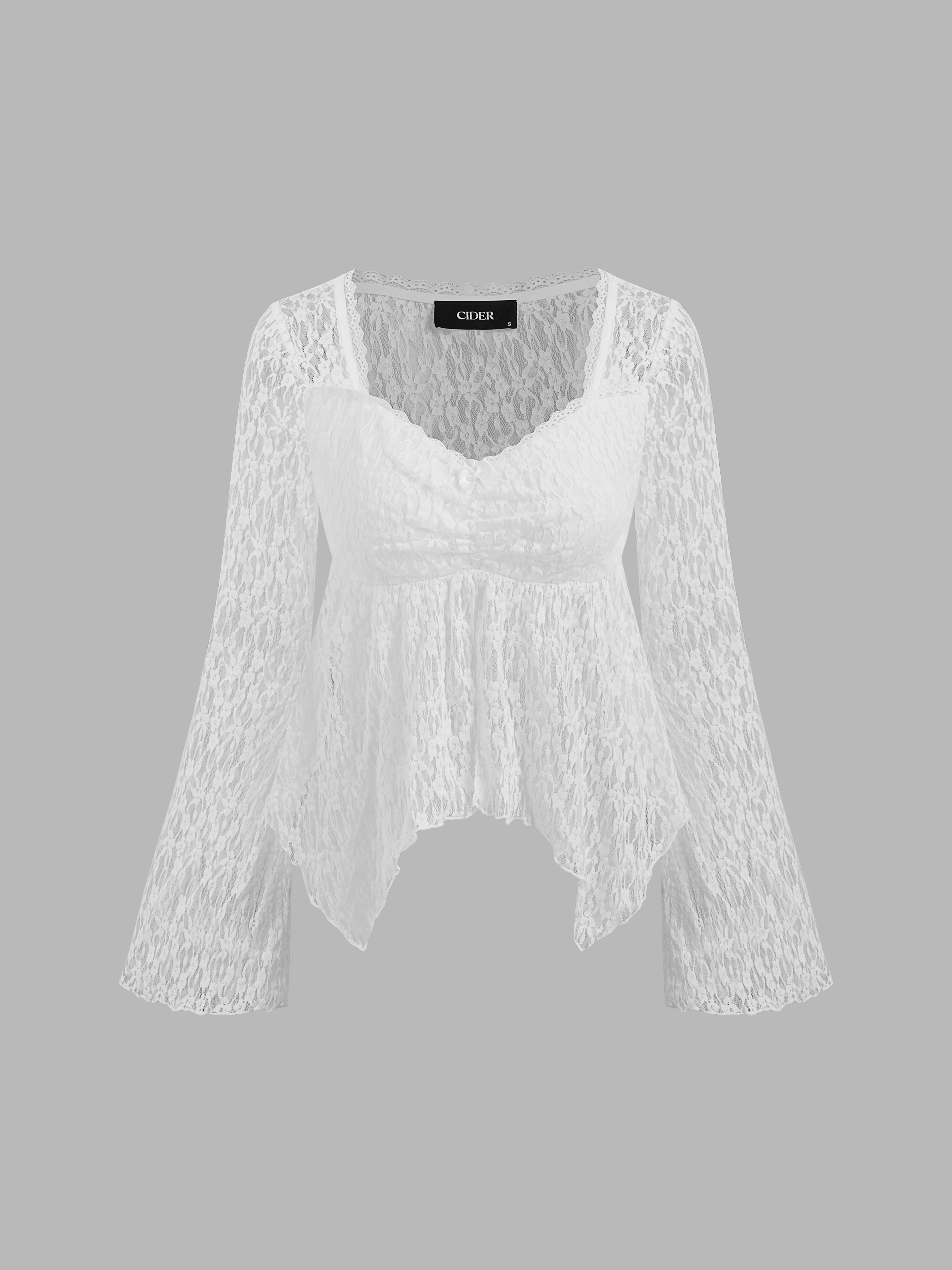 Lace Lace Solid Ruffle Hem Long Sleeve Blouse For Date Coffee Shop Vacation Holiday