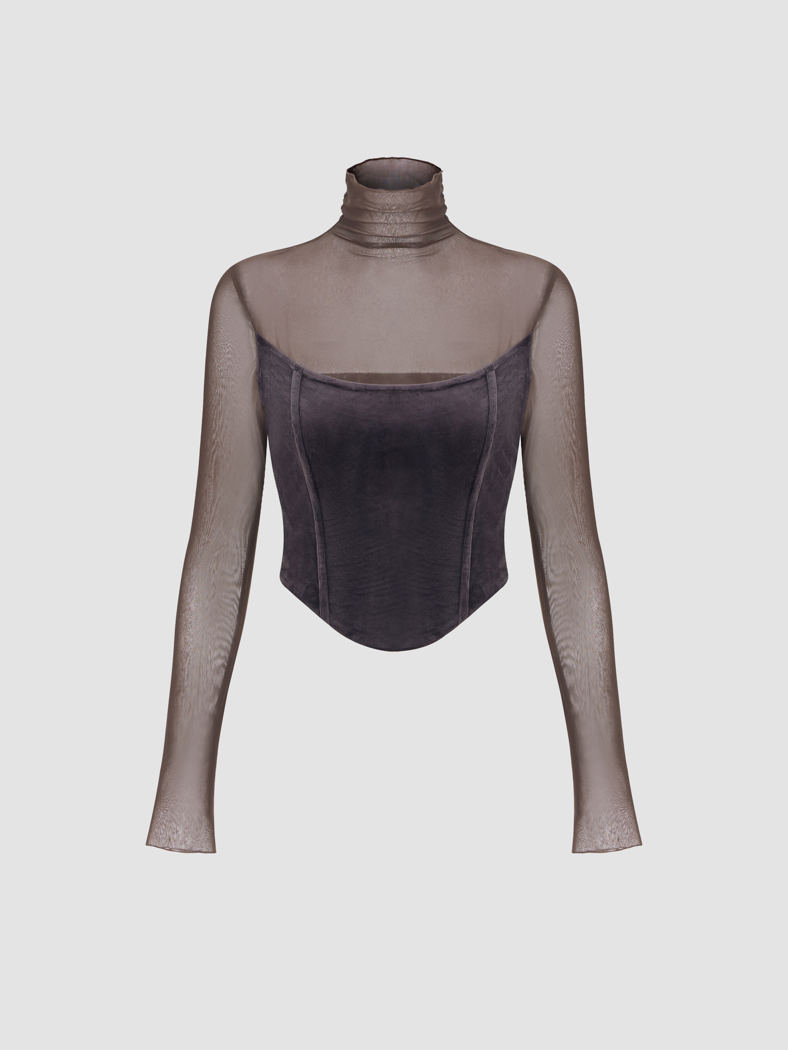 Mesh Velvet Patchy High Neck Corset Long Sleeve Top - Cider