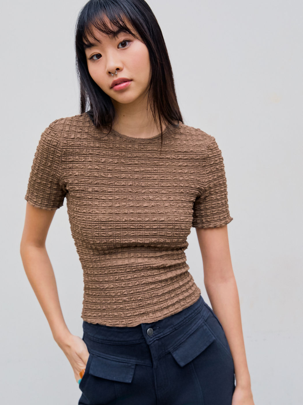 Knit Fabric Round Neck Solid Shirred Short Sleeve Top