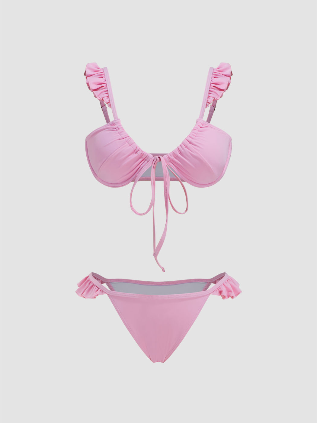 Knit Fabric Solid Ruffle Hem Bikini Set For Swimming Pool Beach