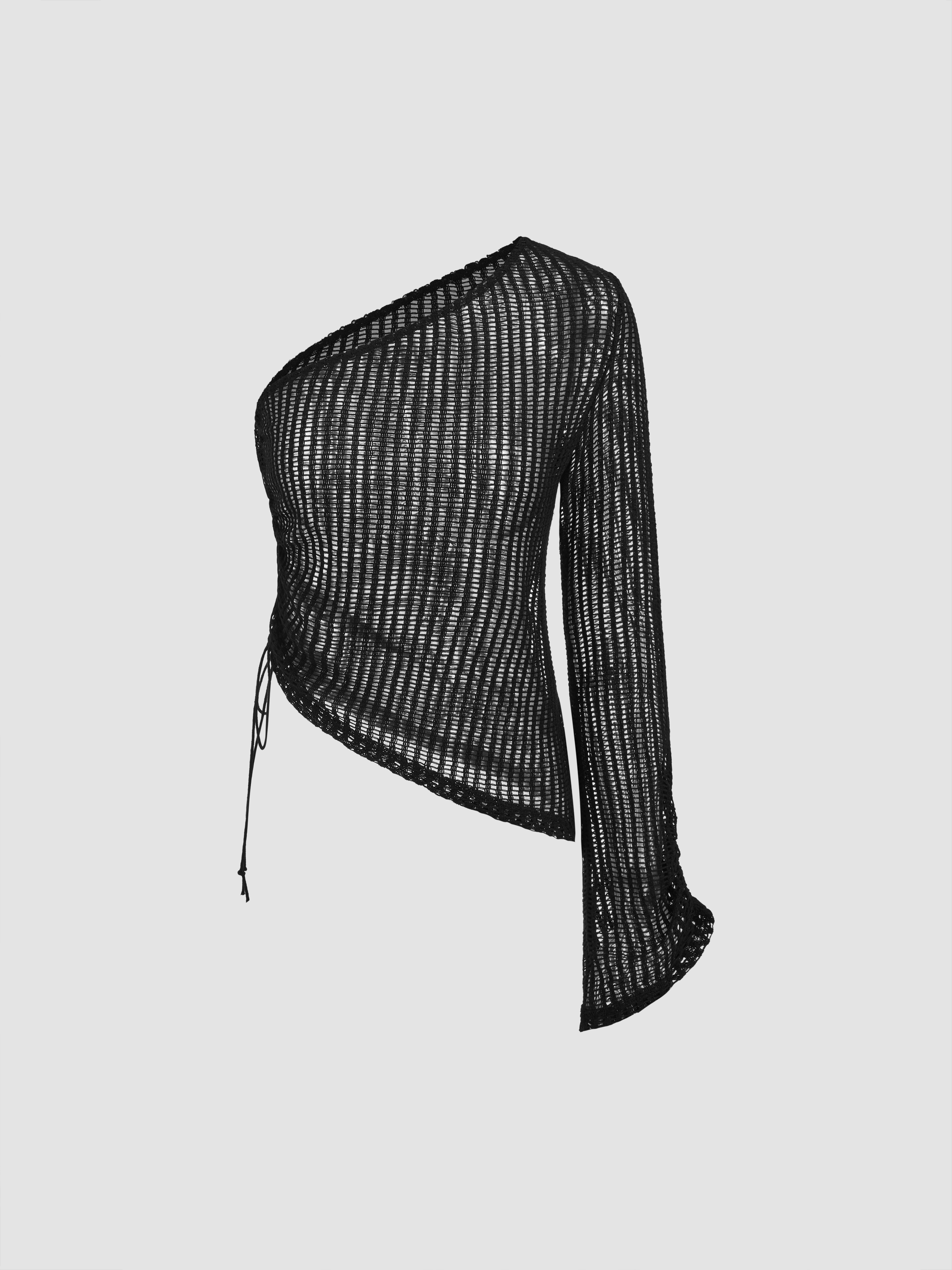 Mesh Asymmetrical Neck See-through Long Sleeve Top - Cider