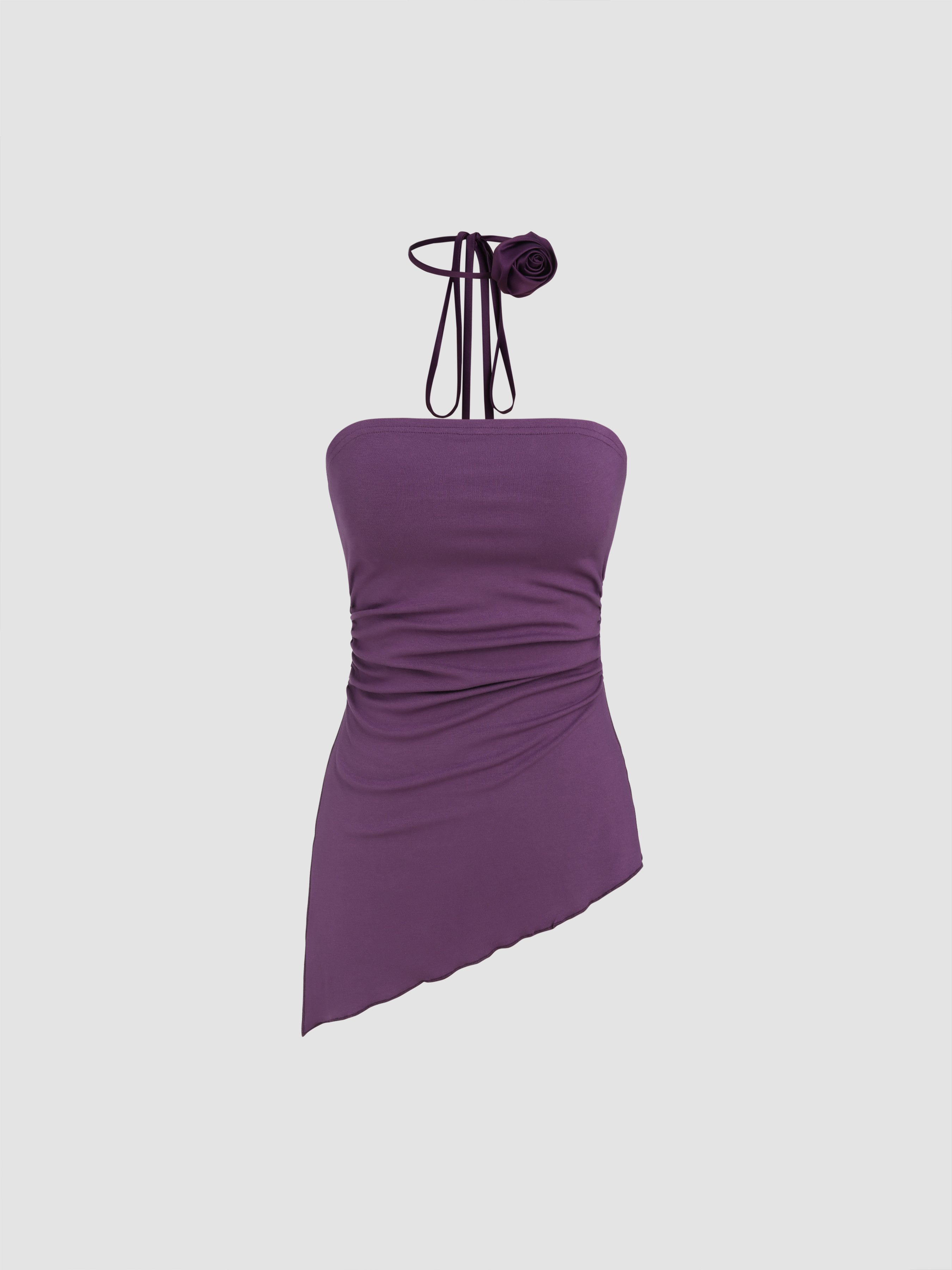 Knit Fabric Asymmetrical Hem Ruched Tube Blouse With Rosette Scarf For Date