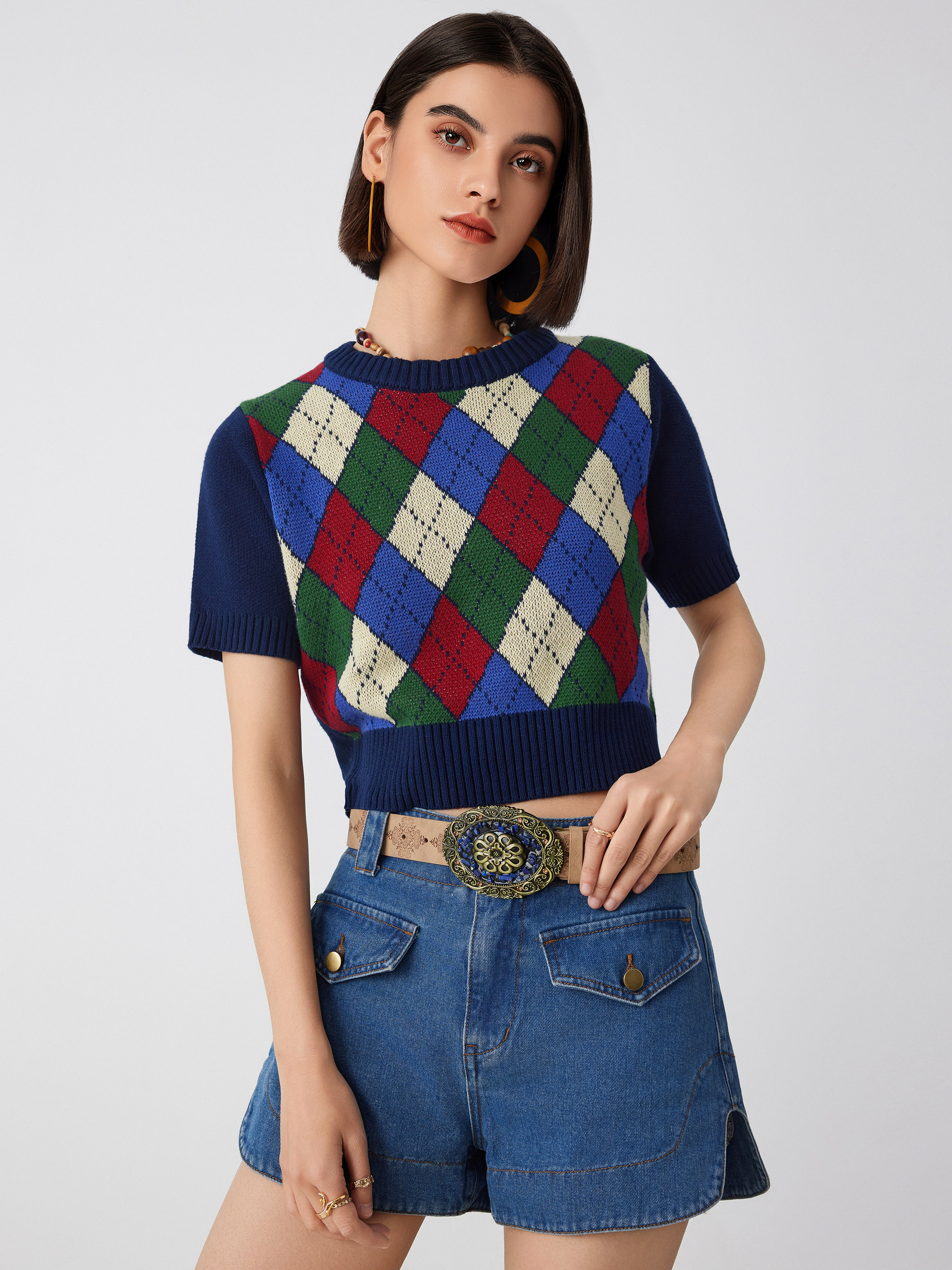 Knit Round Neck Contrasting Rhombus Short Sleeve Top For School Daily ...