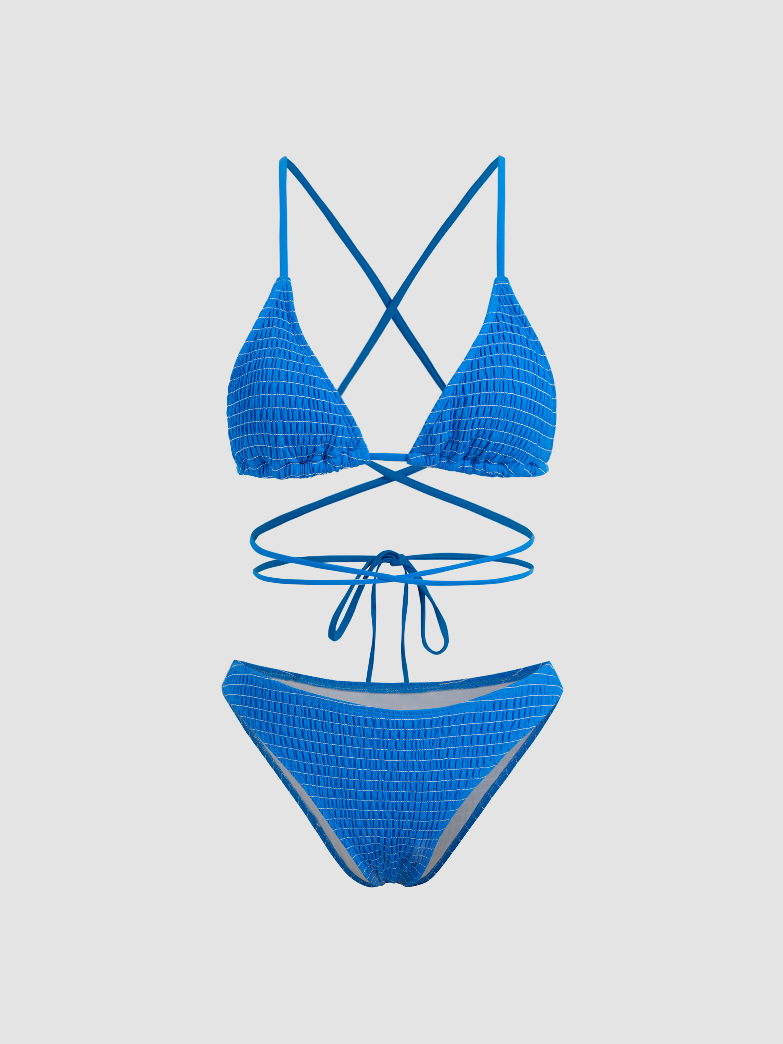 Solid V-neck Texture Triangle Bikini Set - Cider