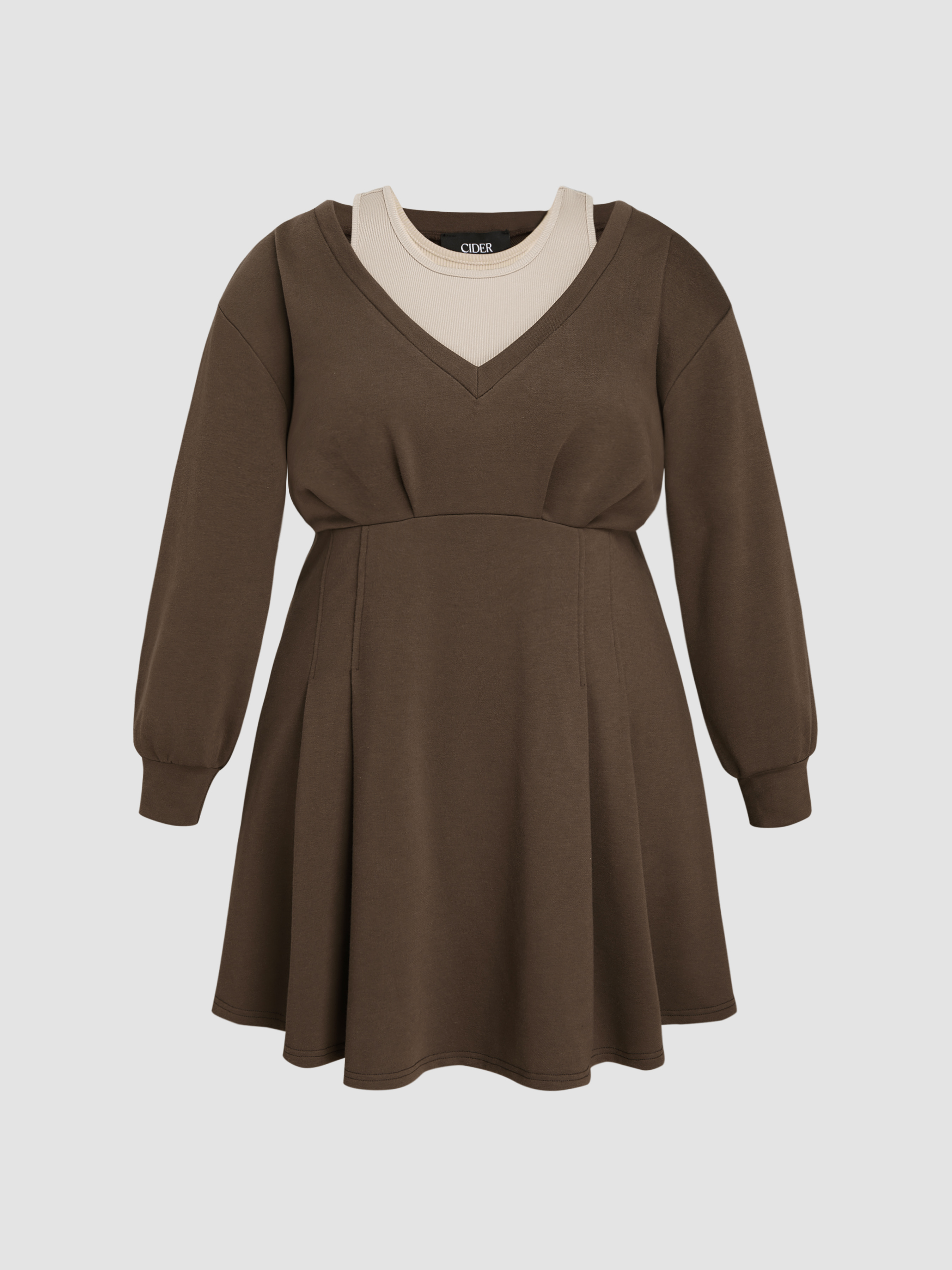 Round Neckline Solid Pleated Mini Dress Curve & Plus - Cider
