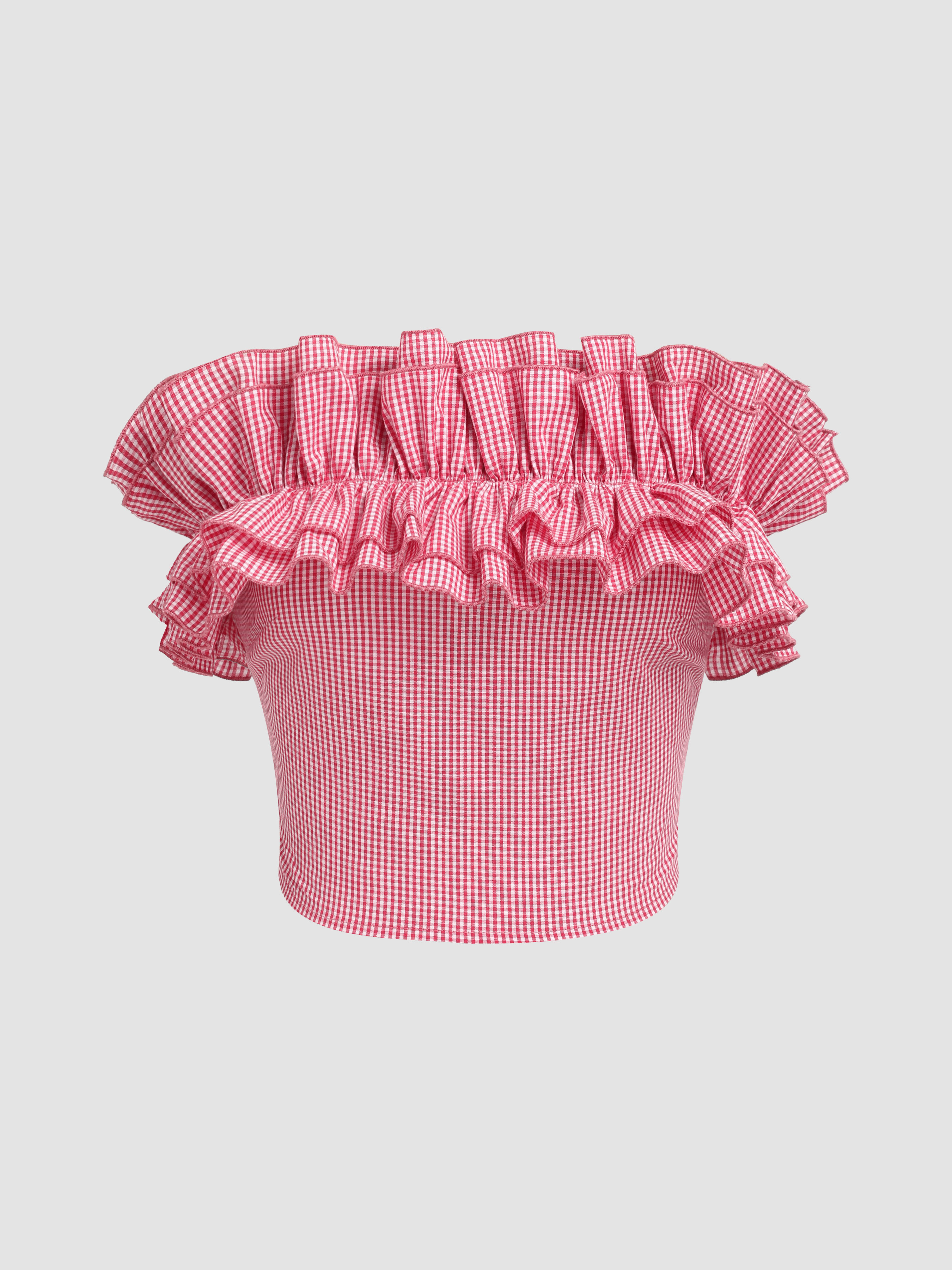 Strawberry Milk Woven Collarless Gingham Shirred Lettuce Trim Crop Tube ...