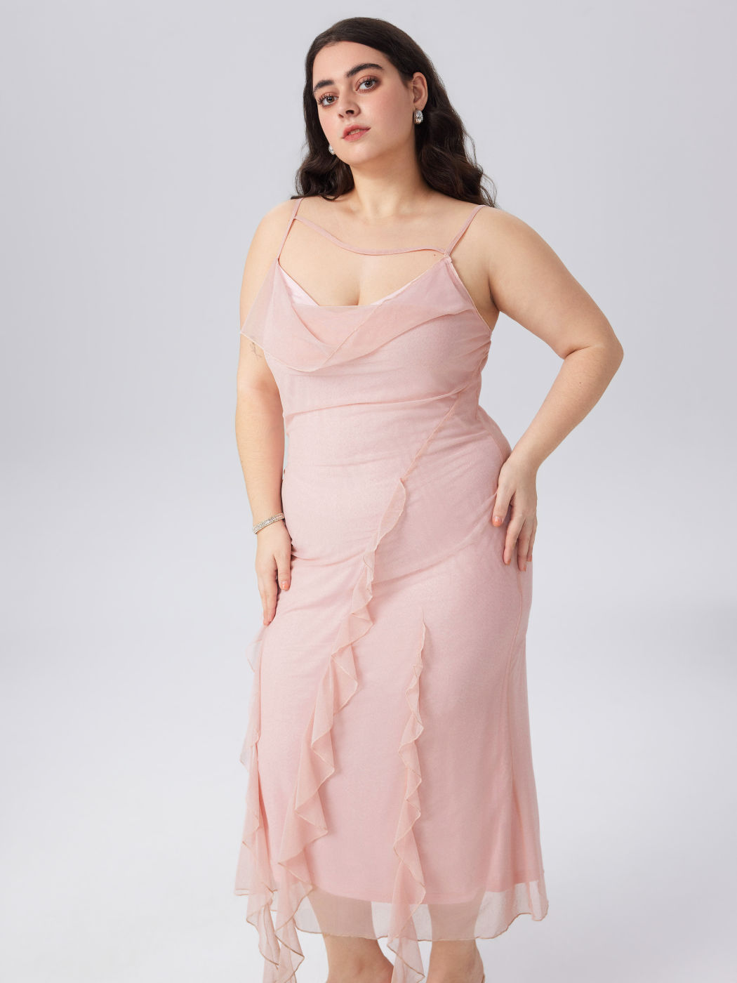 Mesh Mesh Ruffle Hem Ruched Midi Dress Curve And Plus For Date