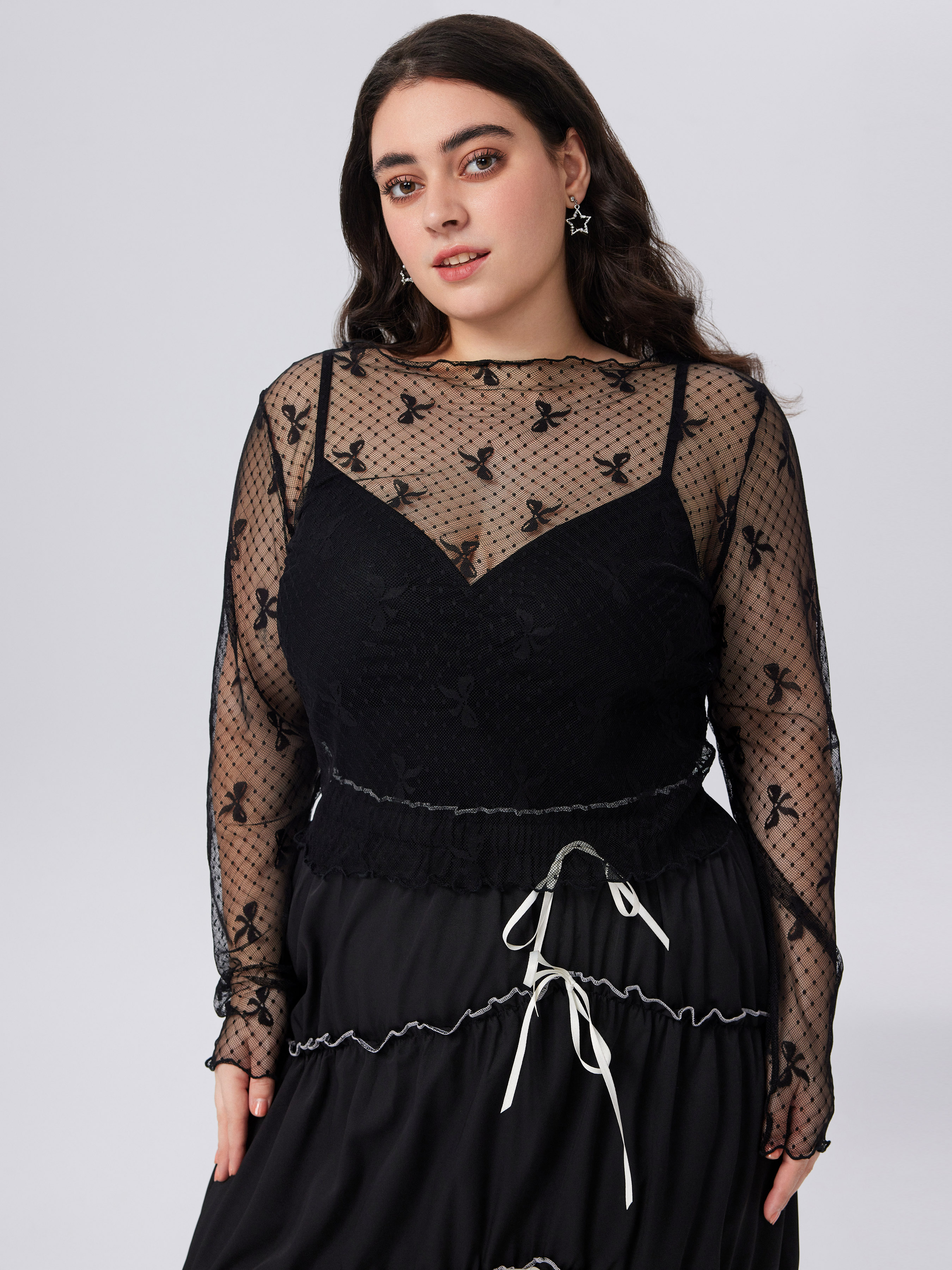 Mesh Mesh Bowknot See-Through Top With V Neck Cami Top Curve & Plus For ...