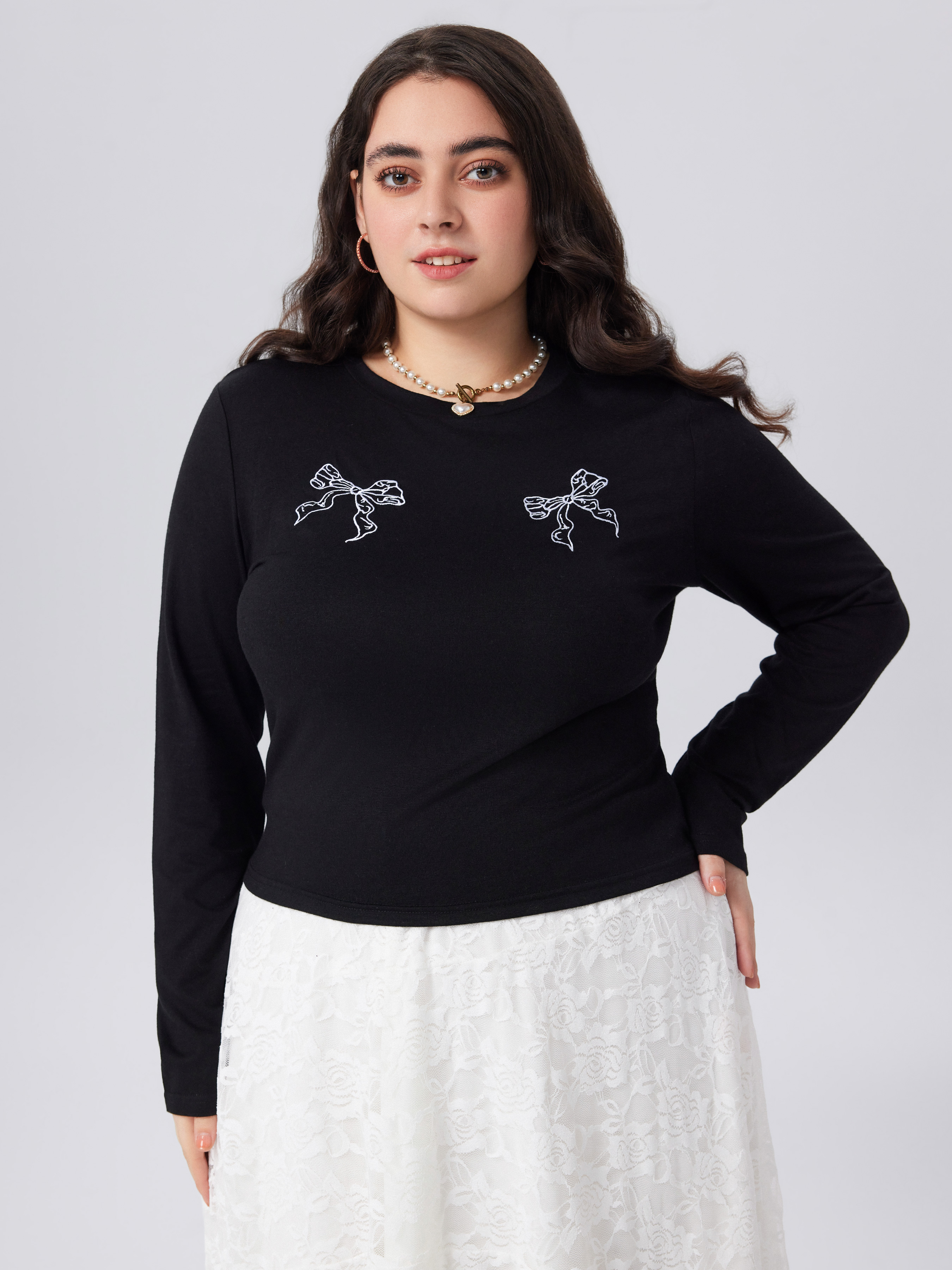 Bowknot Long Sleeve Top Curve & Plus - Cider