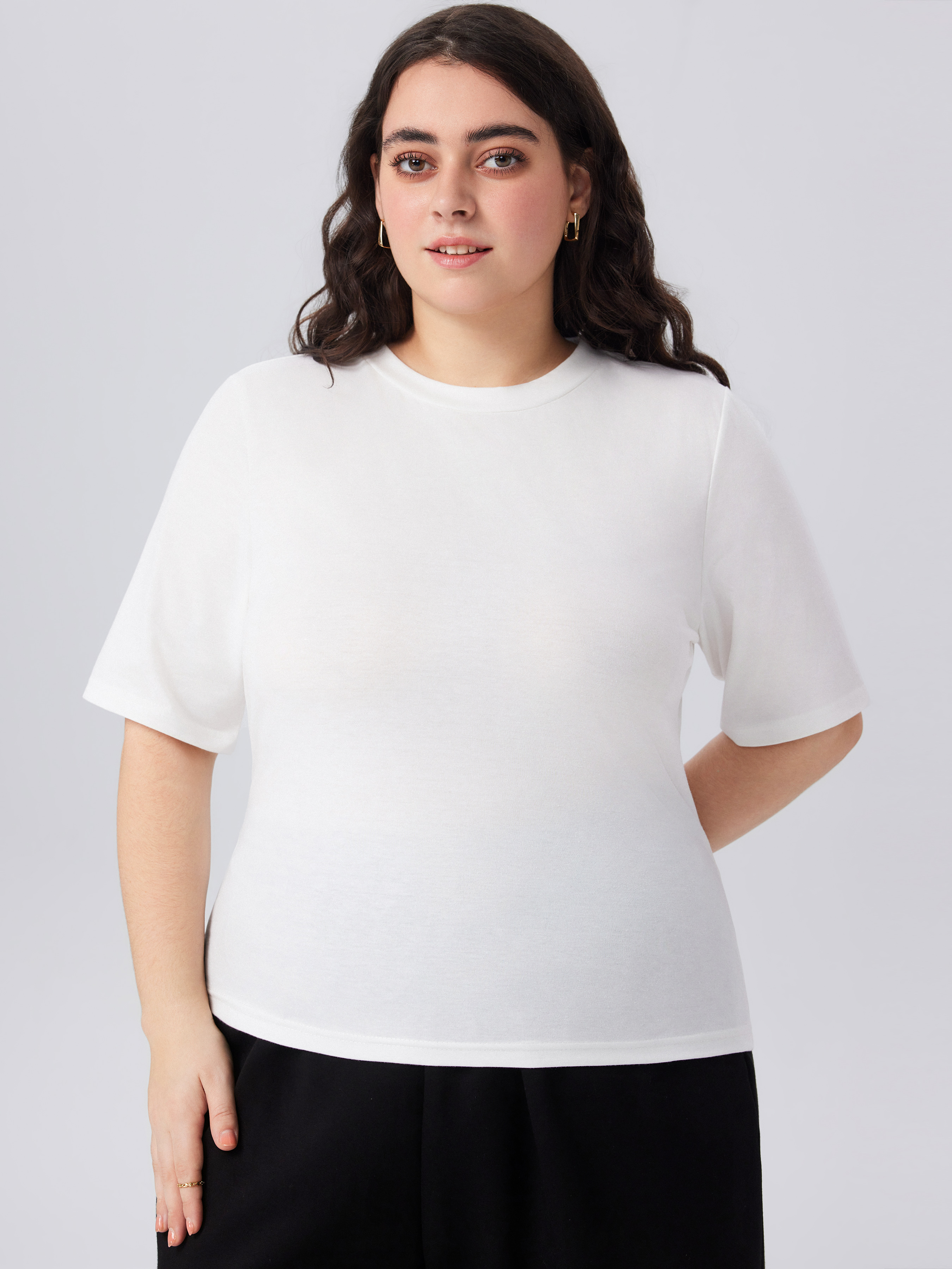 Jersey Cotton Cotton-blend Round Neck Solid Short Sleeve Top Curve & Plus For Daily Casual