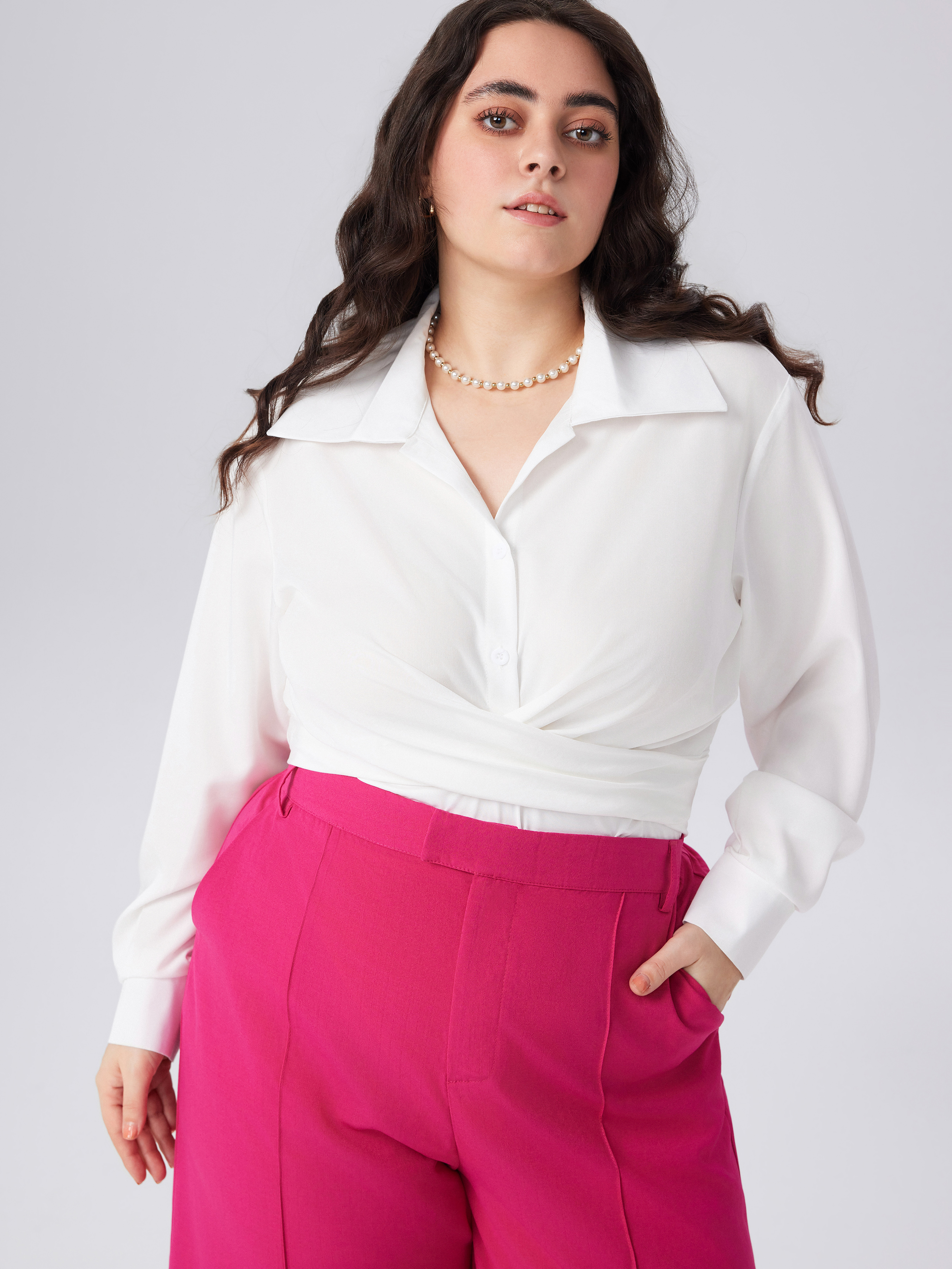 Woven Collar Solid Ruched Bodysuit Curve & Plus For School Daily Casual ...