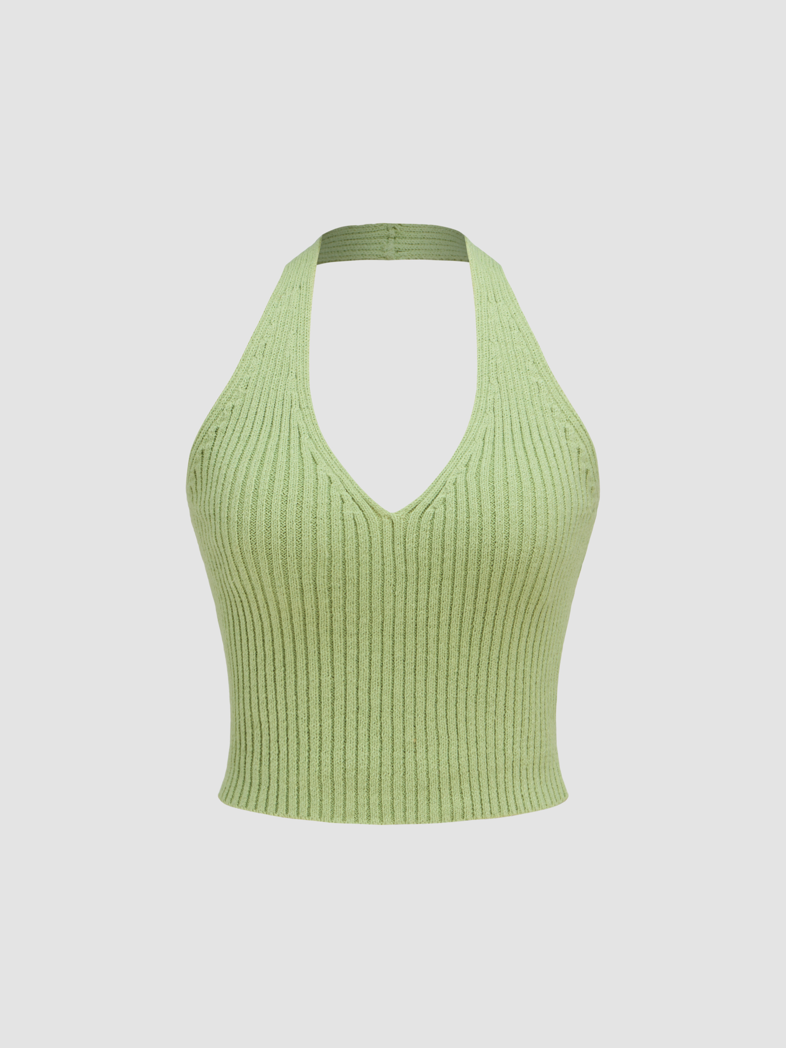 Knit Fabric Halter Solid Texture Knitted Tank Top For Vacation