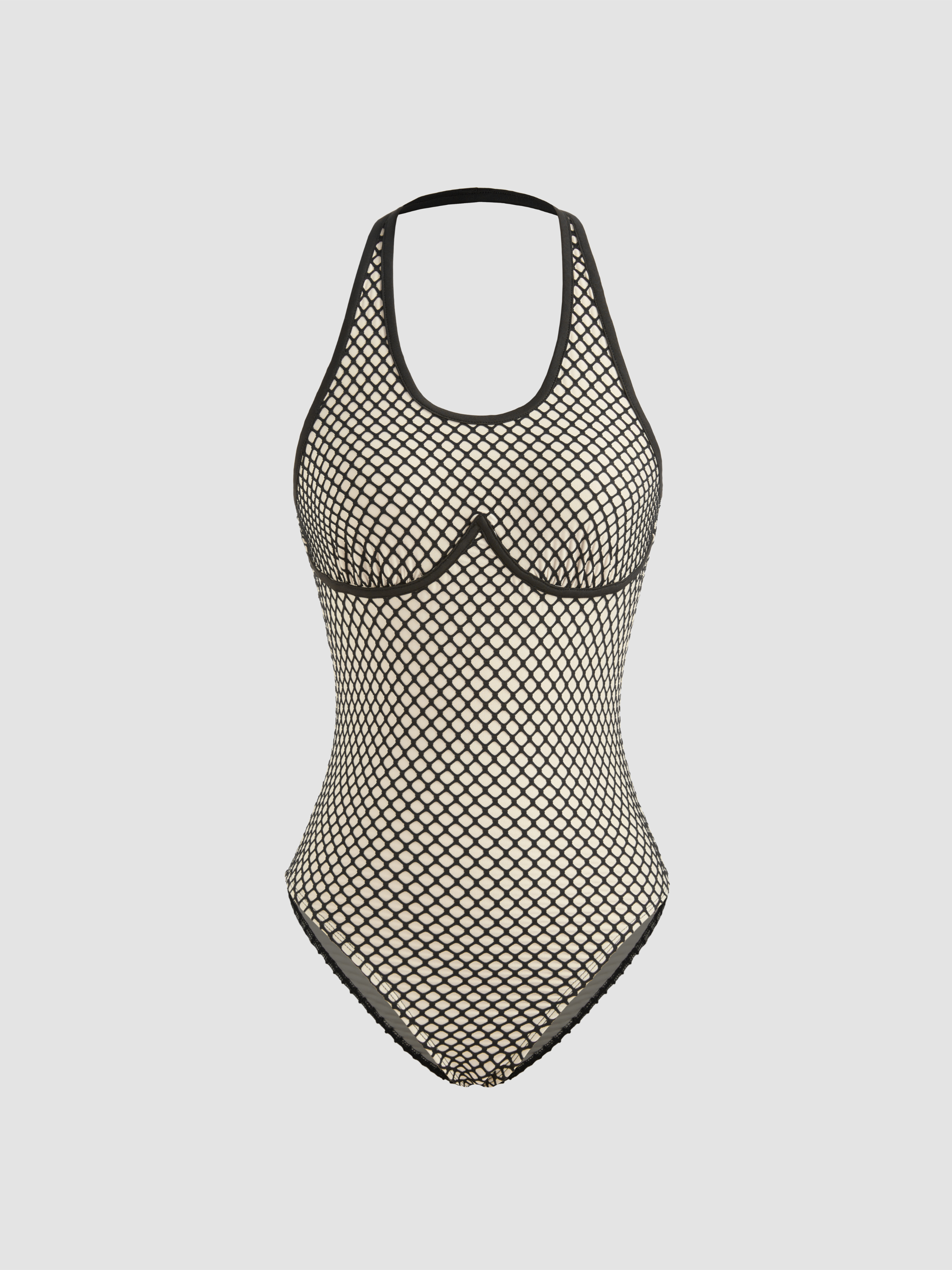 Halter Fishnet Contrasting Binding Bodysuit For Music Festival/Live House