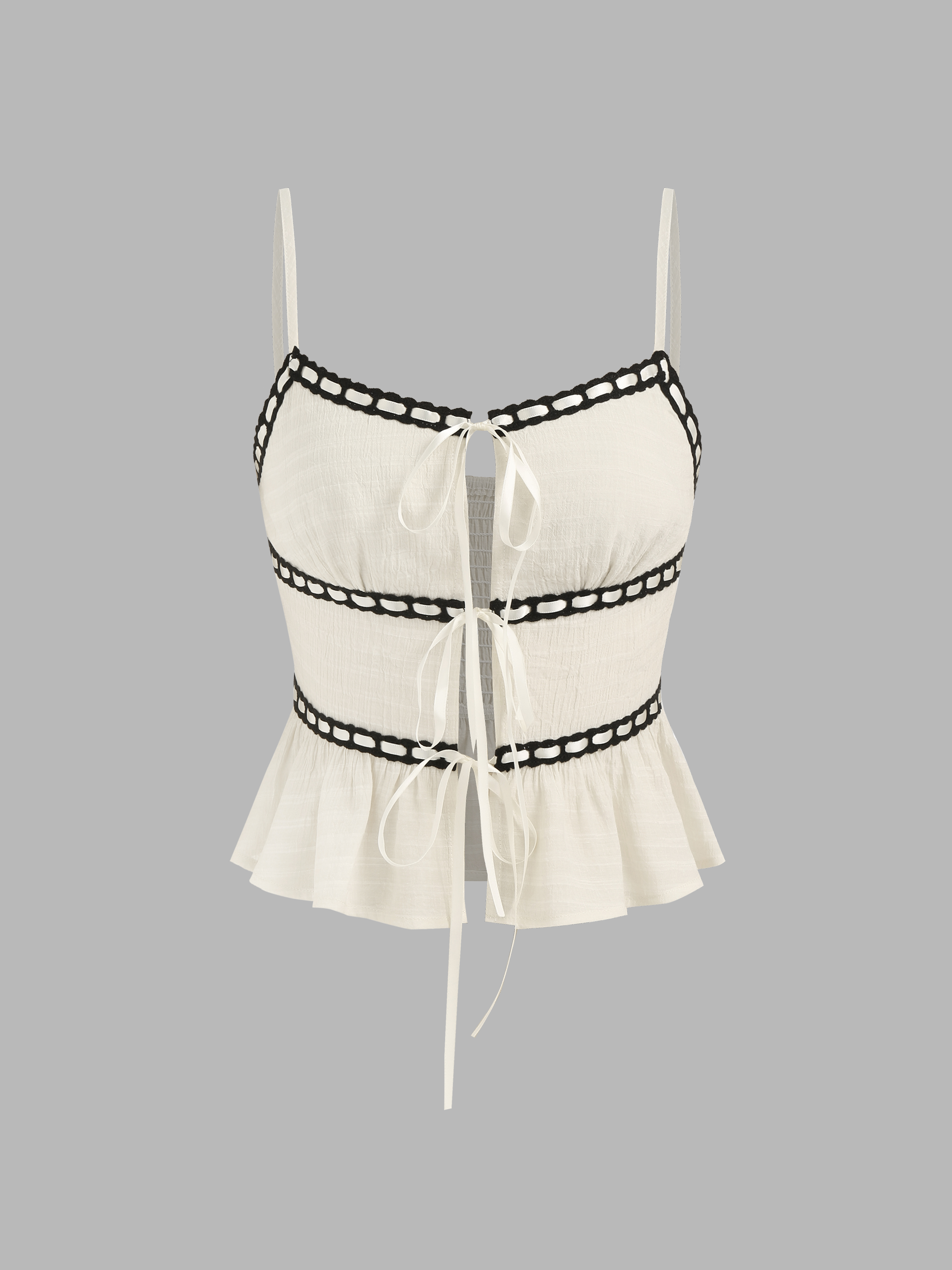 Coquette French Riviera Vacation Texture Contrasting Binding Knotted Solid Cami Top For Vacation