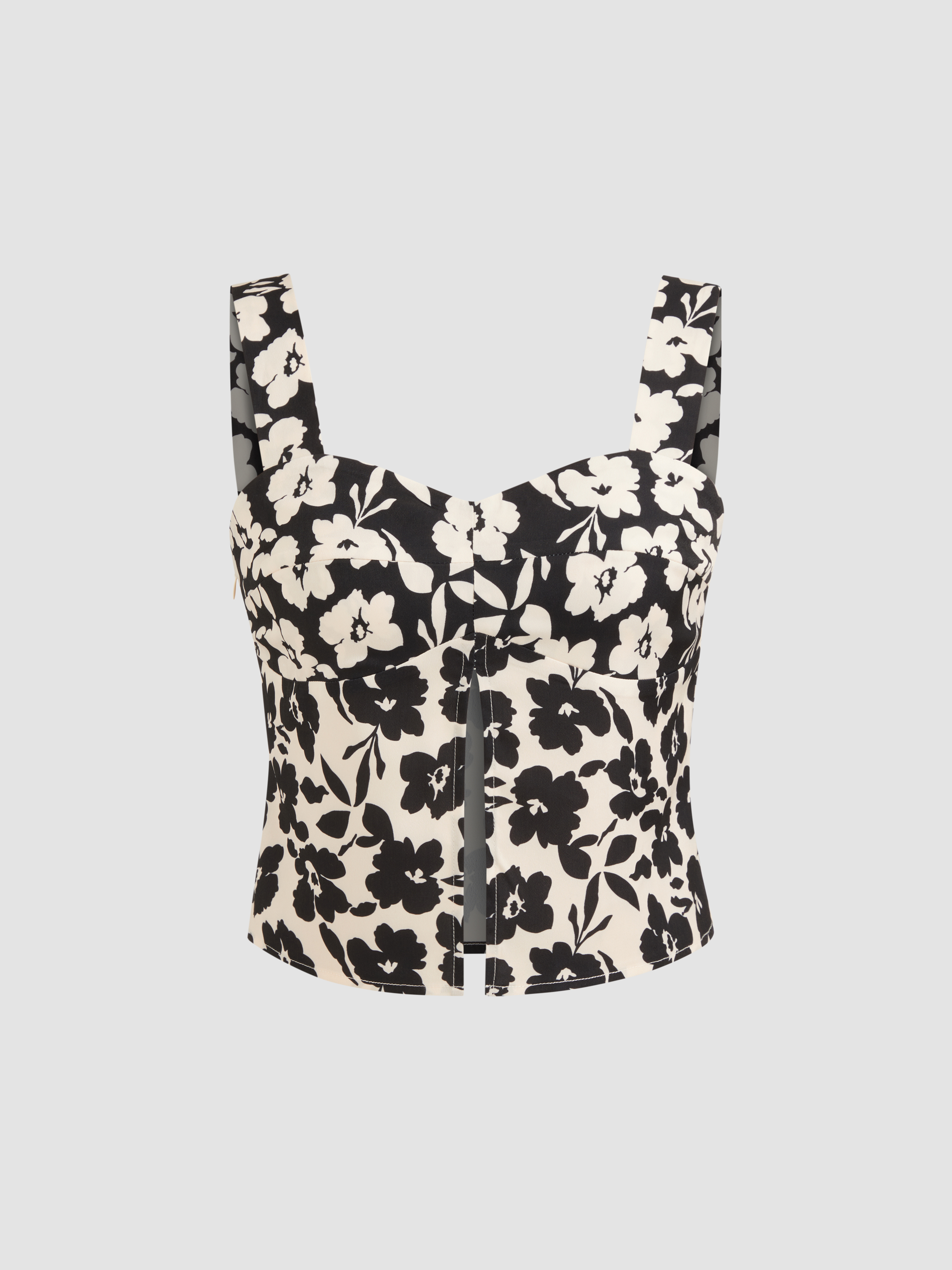 Woven Square Neck Floral Split Crop Tank Top For Vacation