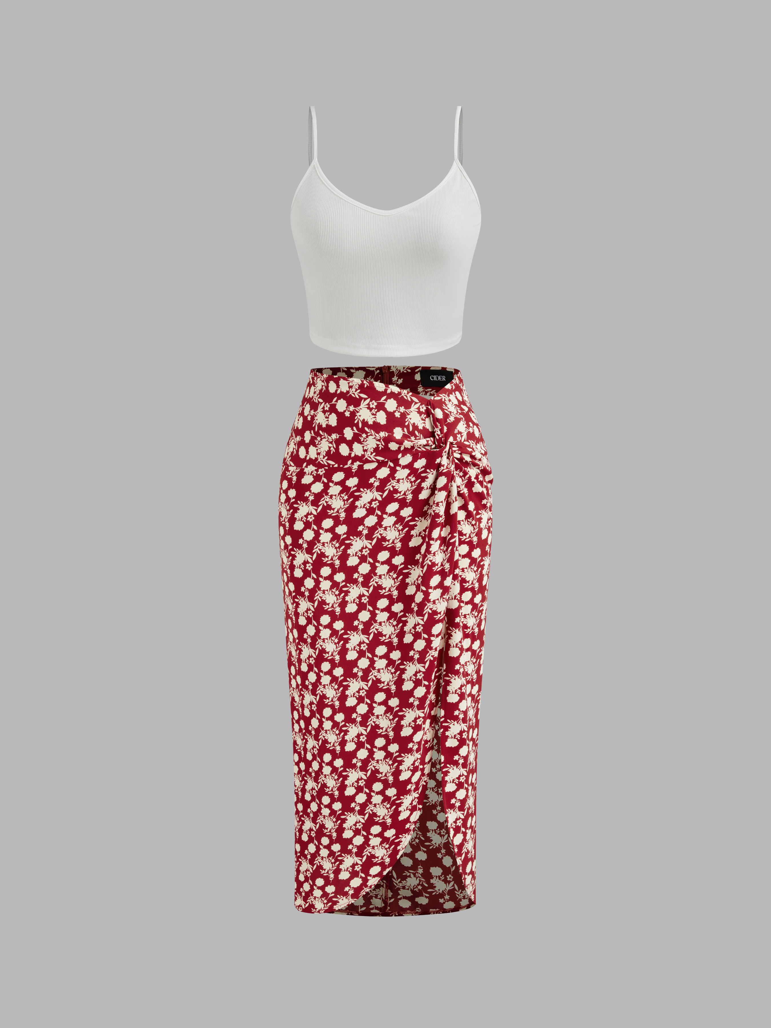 Solid Crop Cami Top & Floral Twist Split Maxi Skirt For Vacation