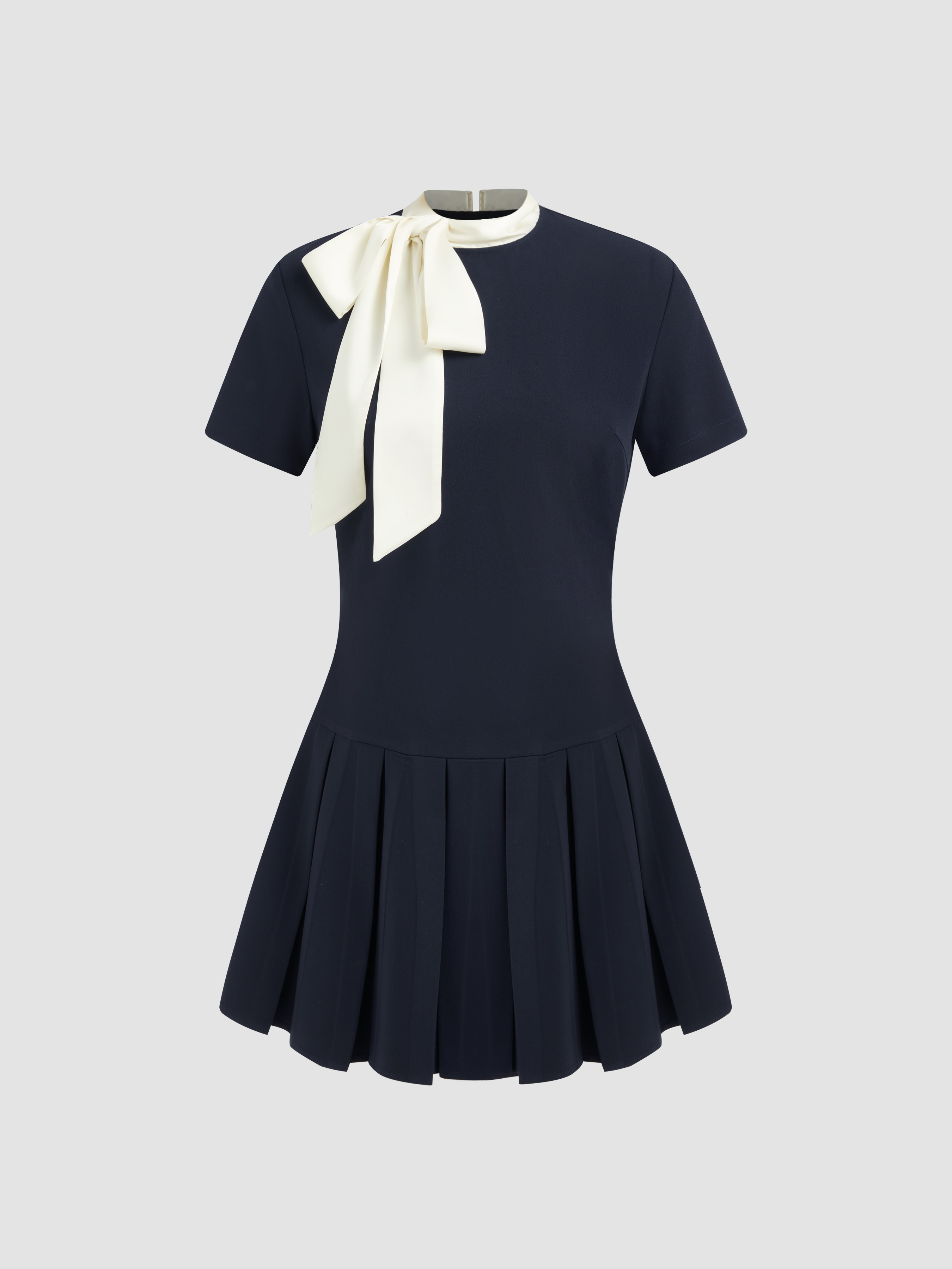 Sun Dresses Mini Dresses Drop Waist Dress Knit Fabric High Neck Bowknot ...