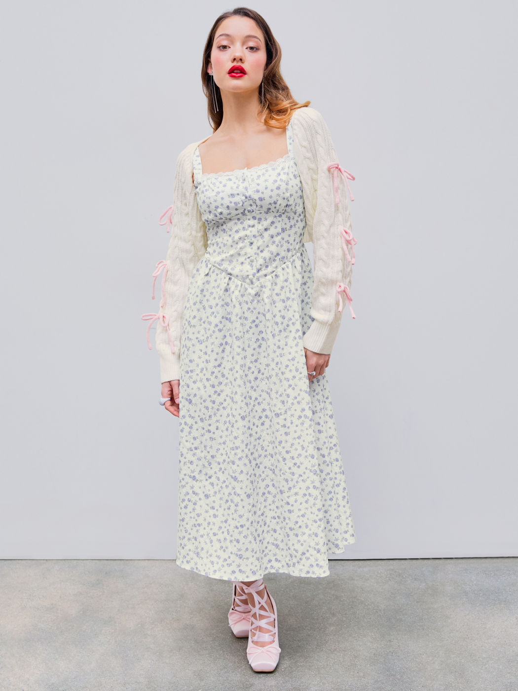 Western Outfits Woven Square Neck Floral Corset Lace Up Midi Dress For