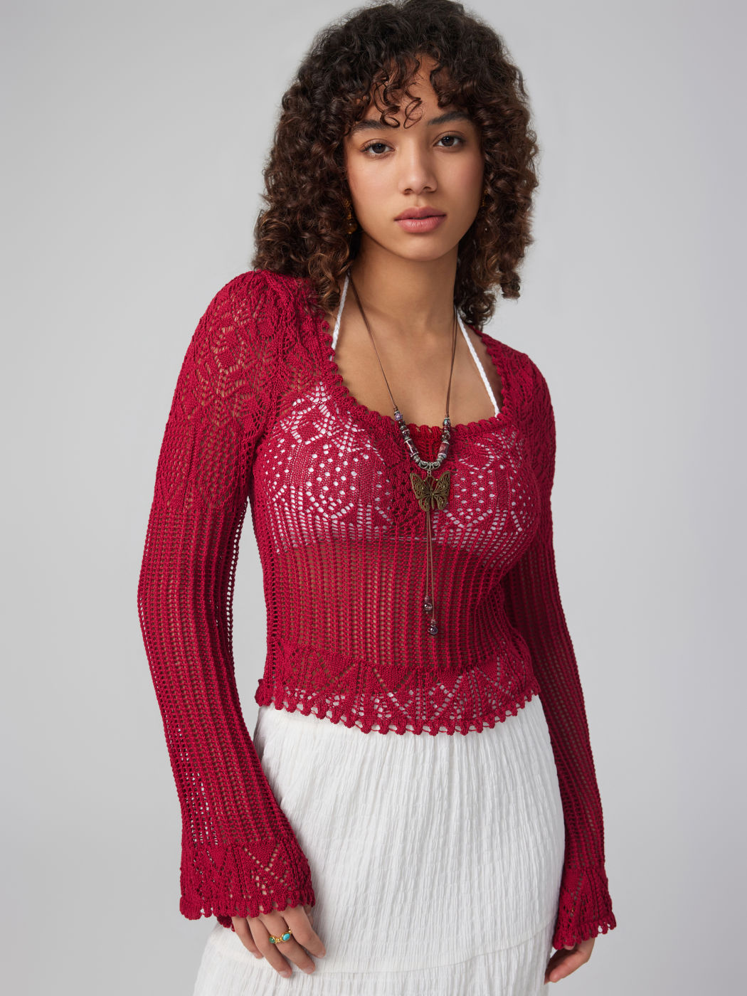 Knit Fabric U-neckline Hollow Out Knitted Long Sleeve Top For Vacation