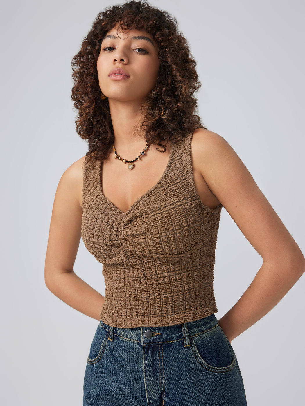 Sweetheart Texture Solid Tank Top For Daily Casual