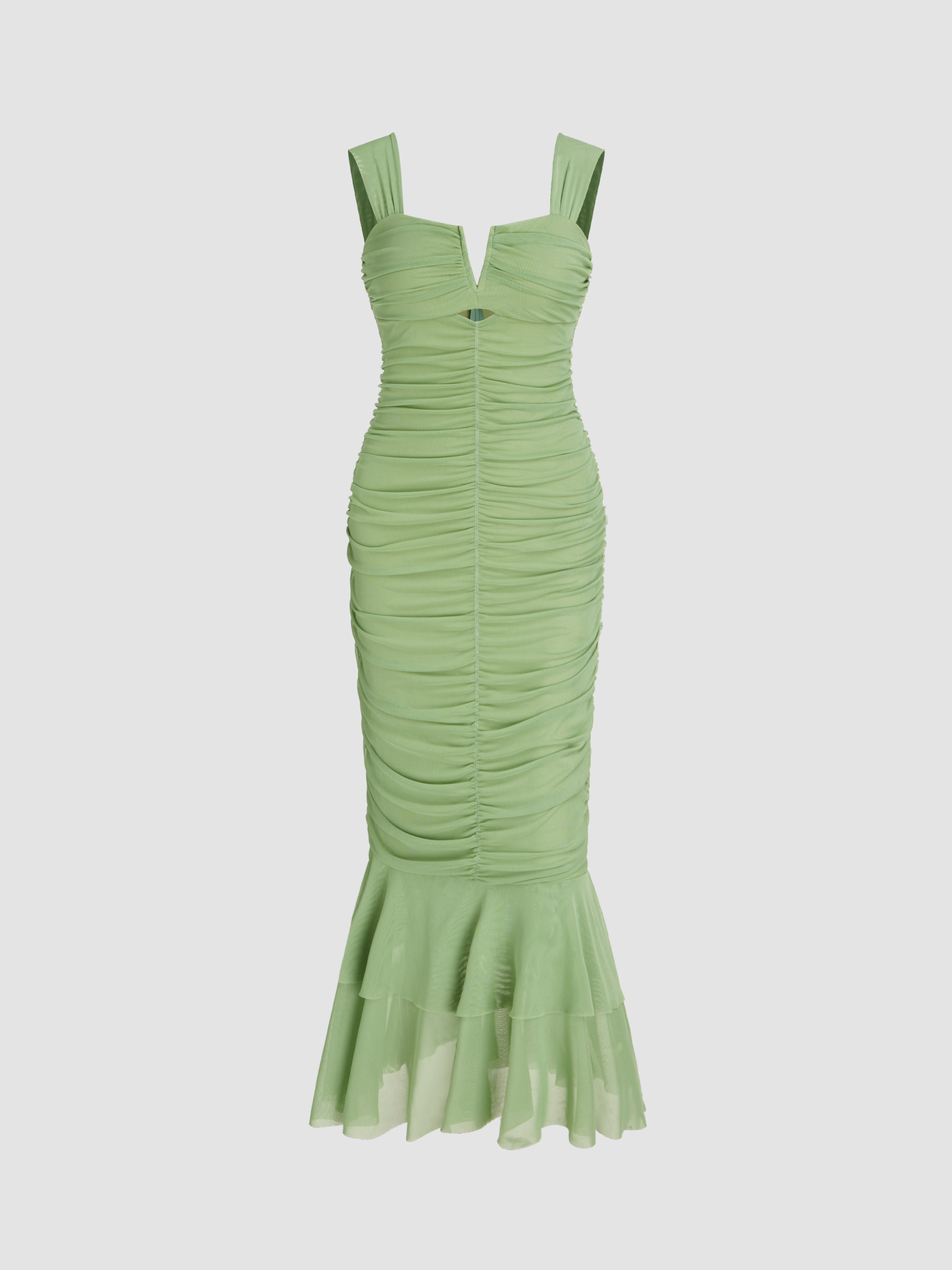 Mesh Ruched Ruffle Hem Mermaid Maxi Dress Cider