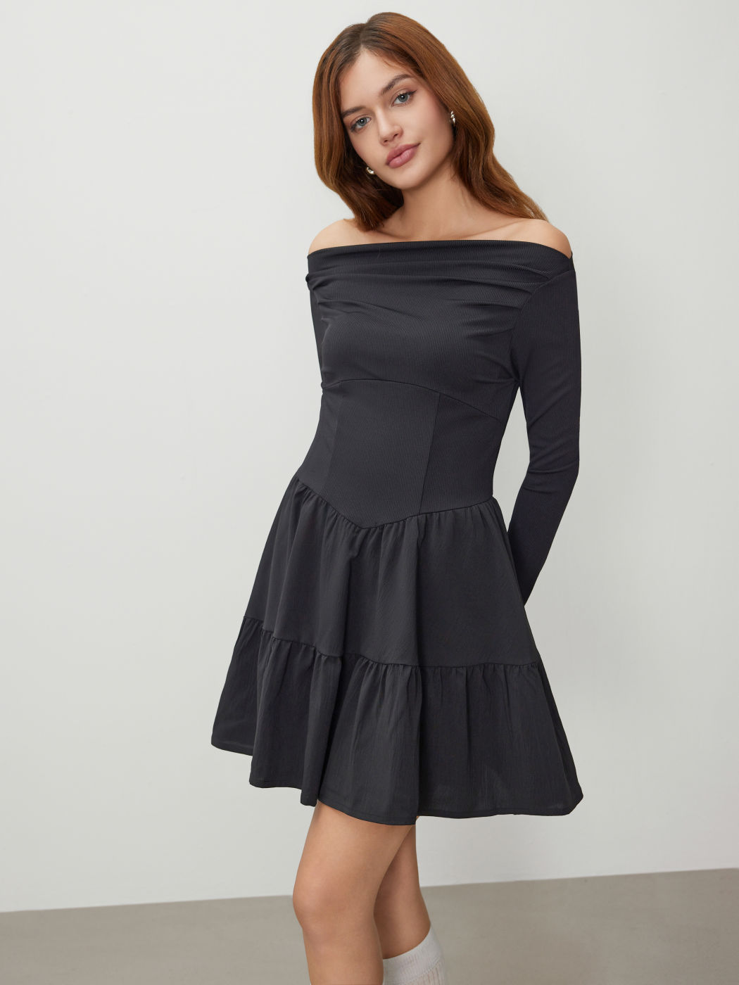Drop Waist Dress Boat Neck Solid Ruffle Layered Mini Dress For Daily Casual Date