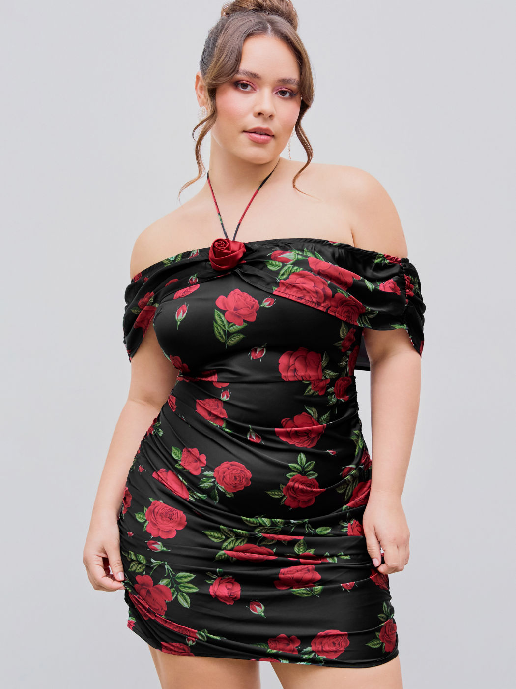 Asymmetrical Neck Rosette Floral Ruched Mini Dress Curve & Plus - Cider