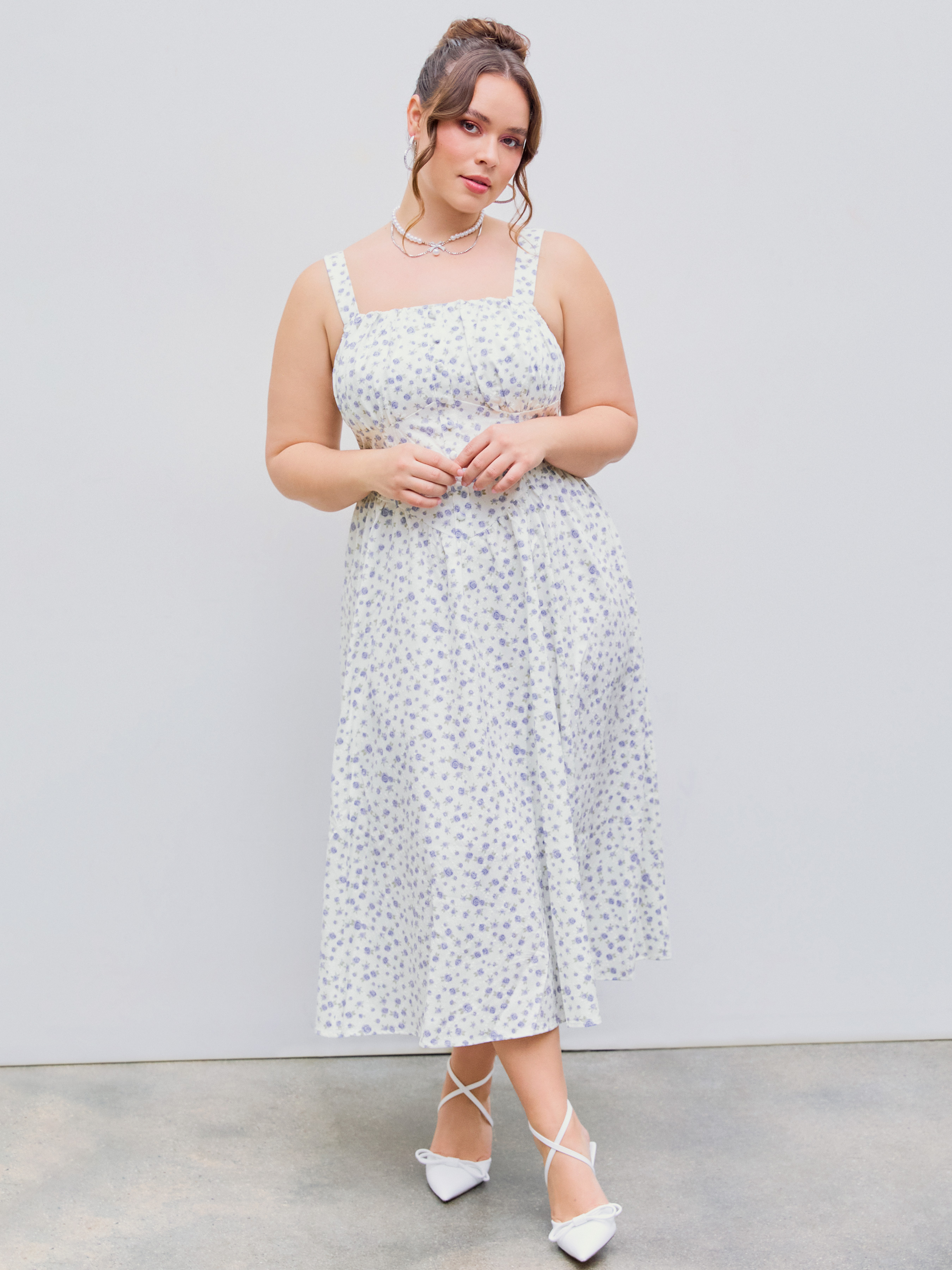 Square Neck Floral Corset Lace Up Midi Dress Curve And Plus For Date
