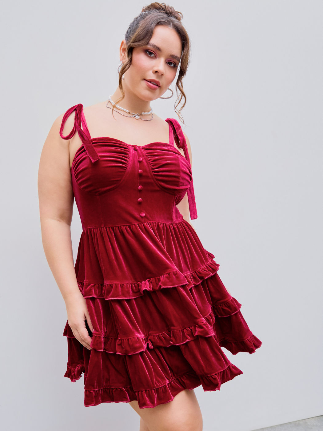 Velvet Square Neck Layered Mini Dress Curve & Plus - Cider