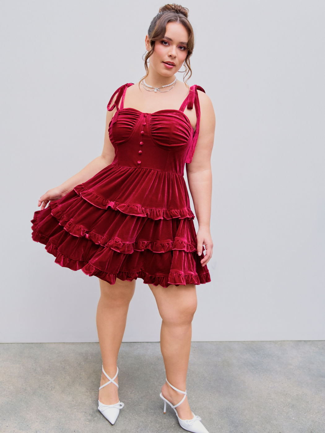 Velvet Square Neck Layered Mini Dress Curve & Plus - Cider