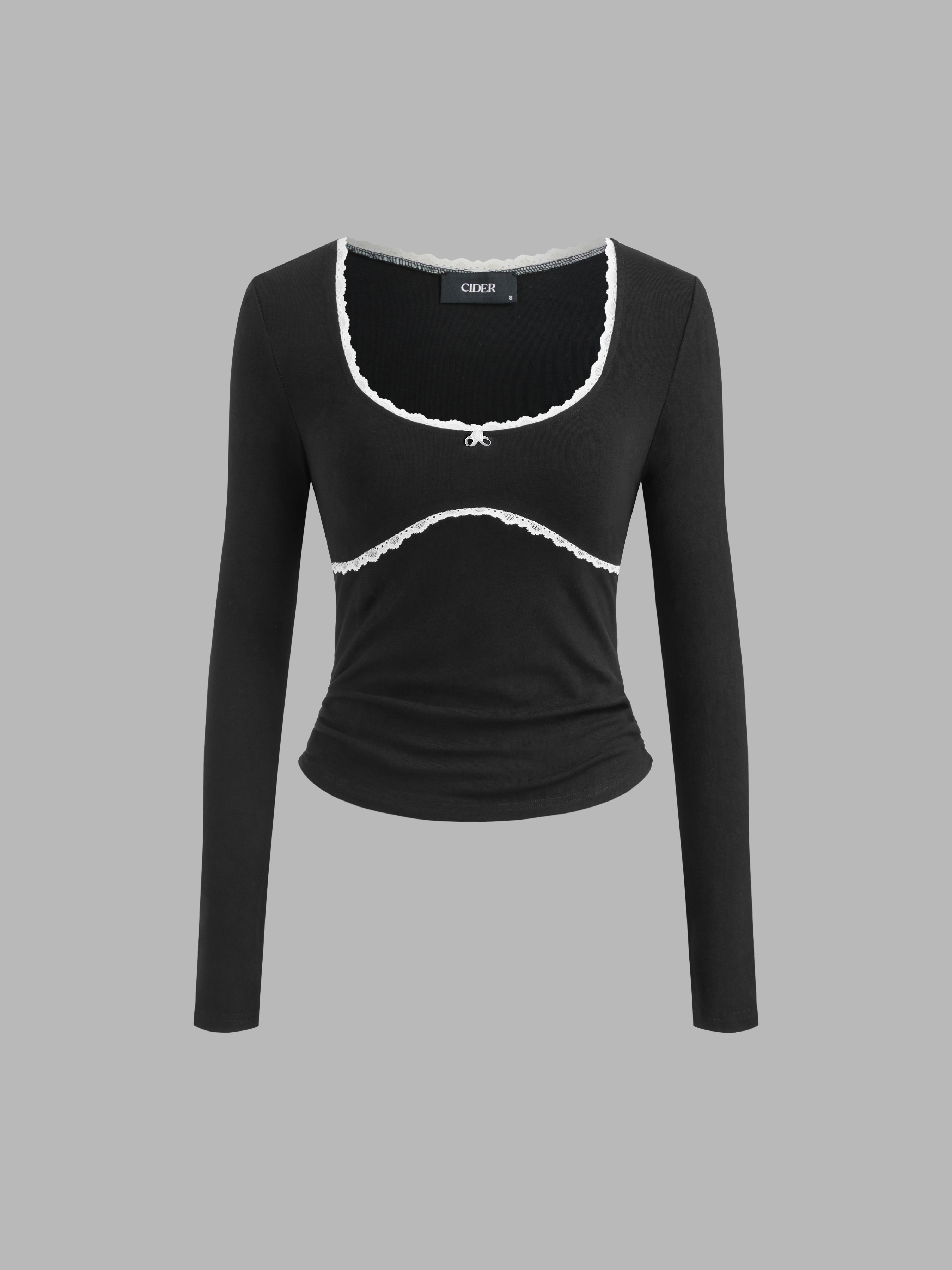 Knit Fabric U-neck Solid Contrasting Binding Long Sleeve Top For Daily ...