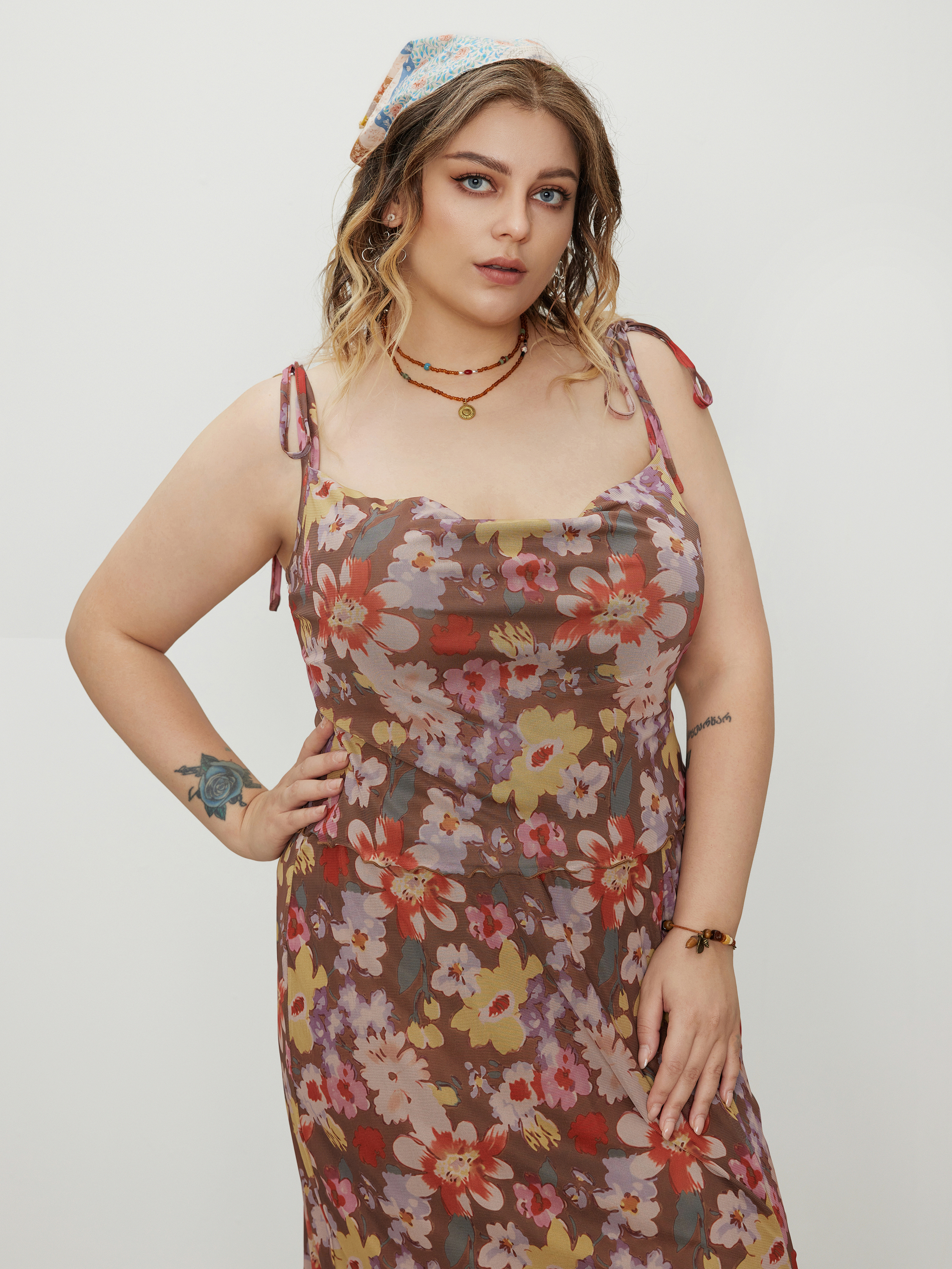 Mesh Mesh Cowl Neck Floral Knotted Top Curve & Plus For Date Vacation