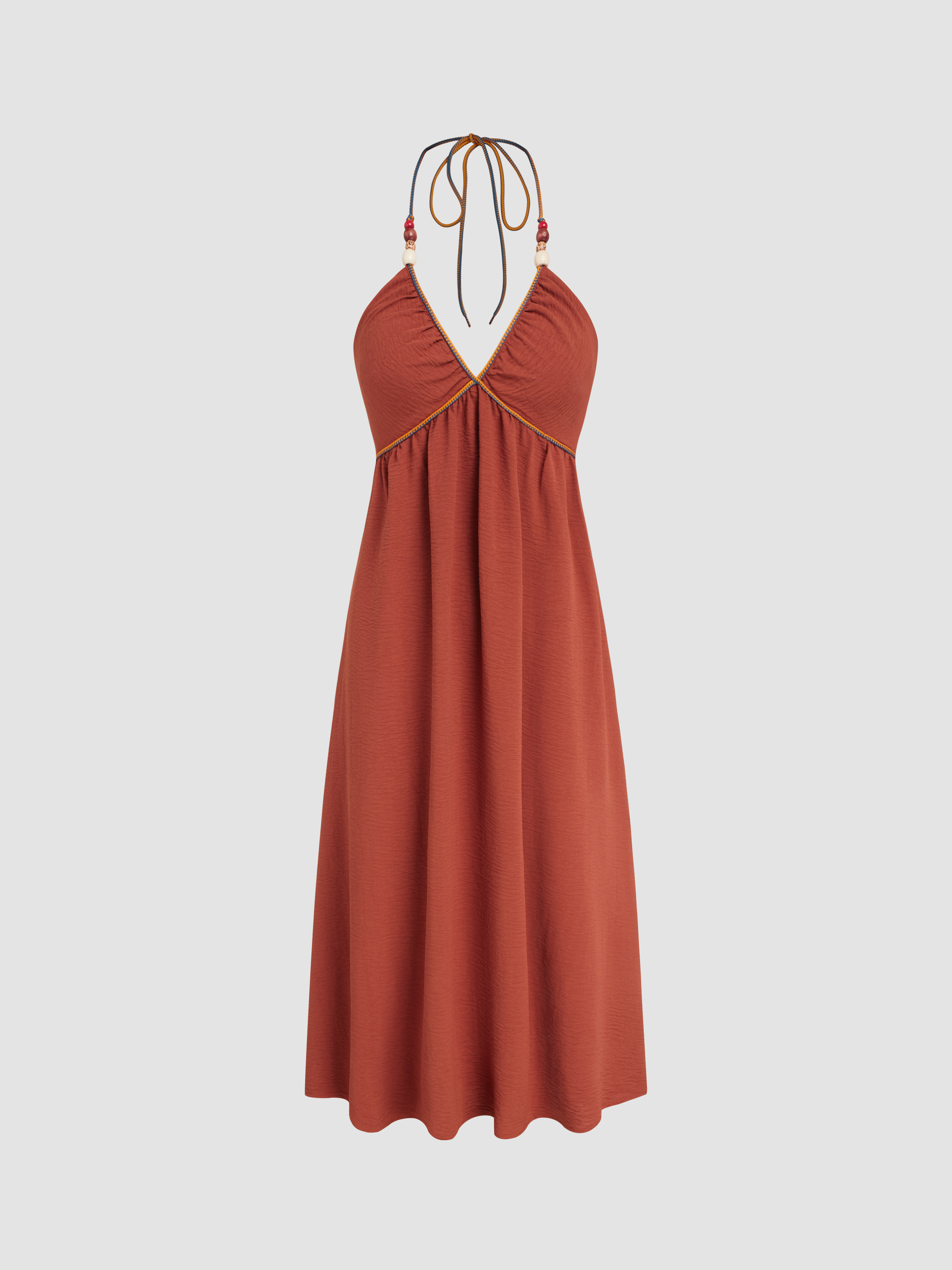 Woven Halter Beaded Contrasting Binding Zipper Maxi Dress For Vacation