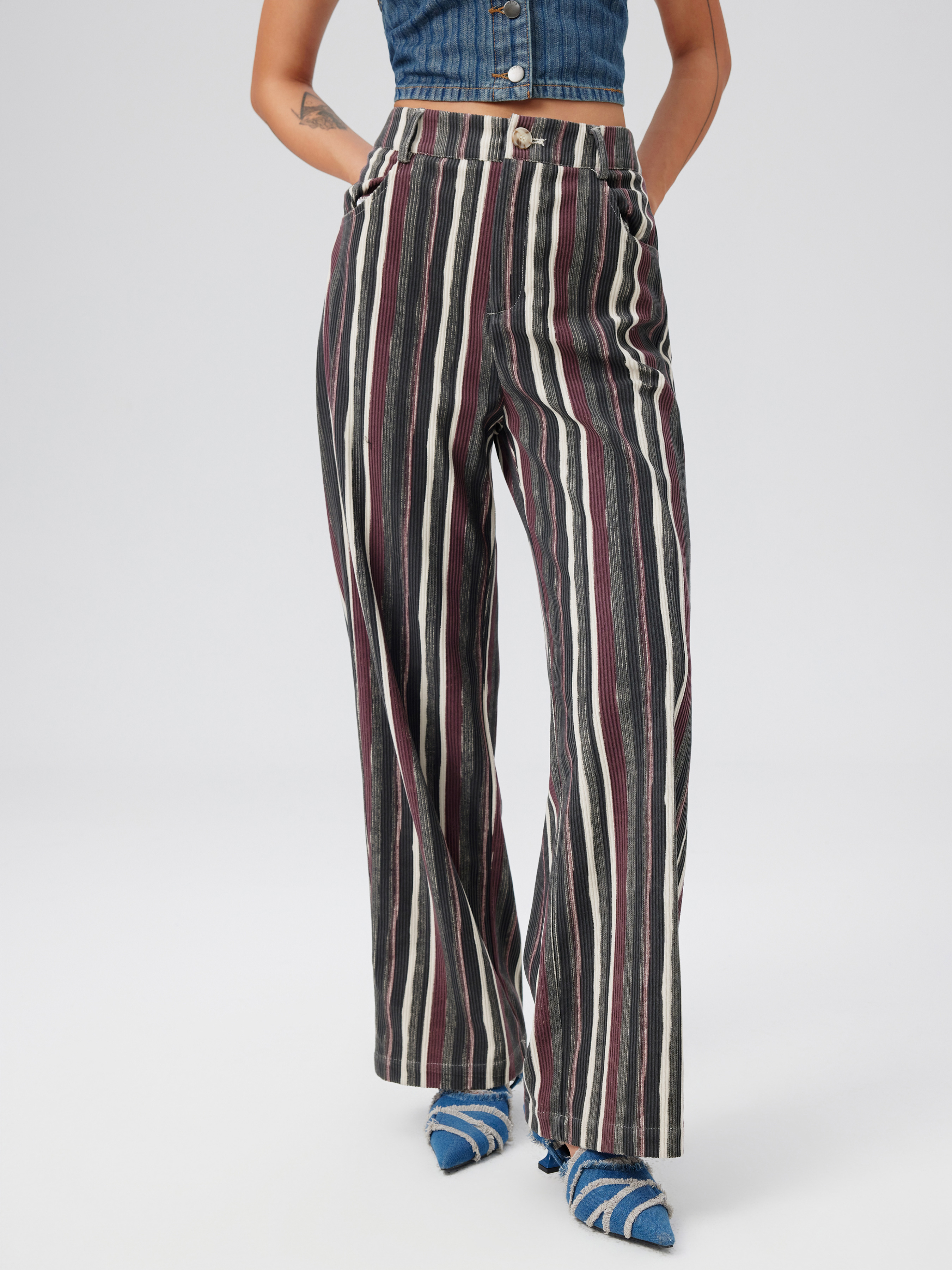 Corduroy Mid Rise Striped Wide Leg Trousers For Daily Casual