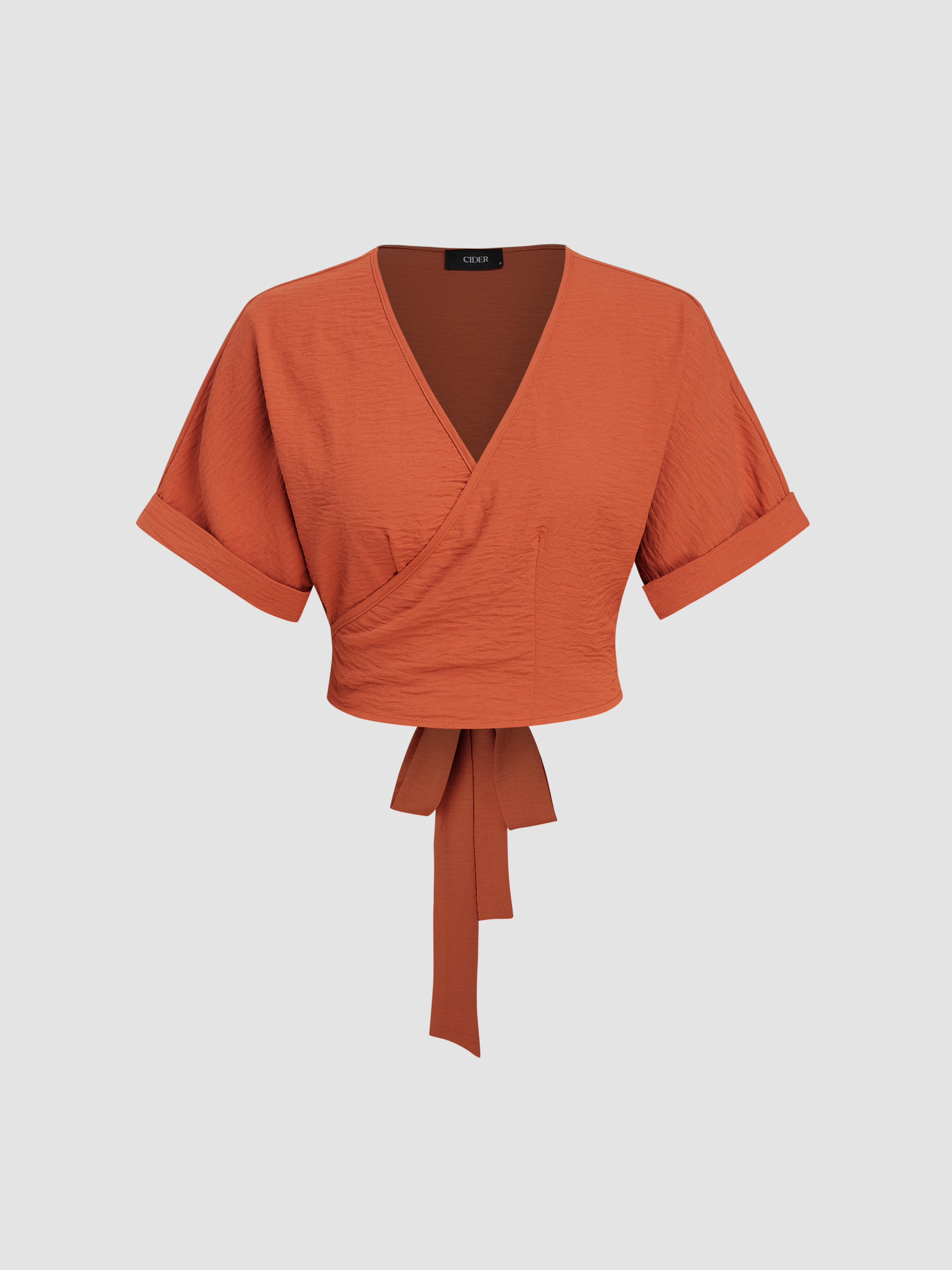 Woven Miami Sunset Vacation V-neck Wrap Knotted Crop Short Sleeve Top ...