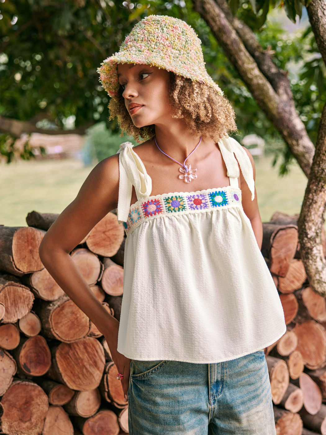 Woven Woven Color Embroidery Knotted Cami Top For Vacation