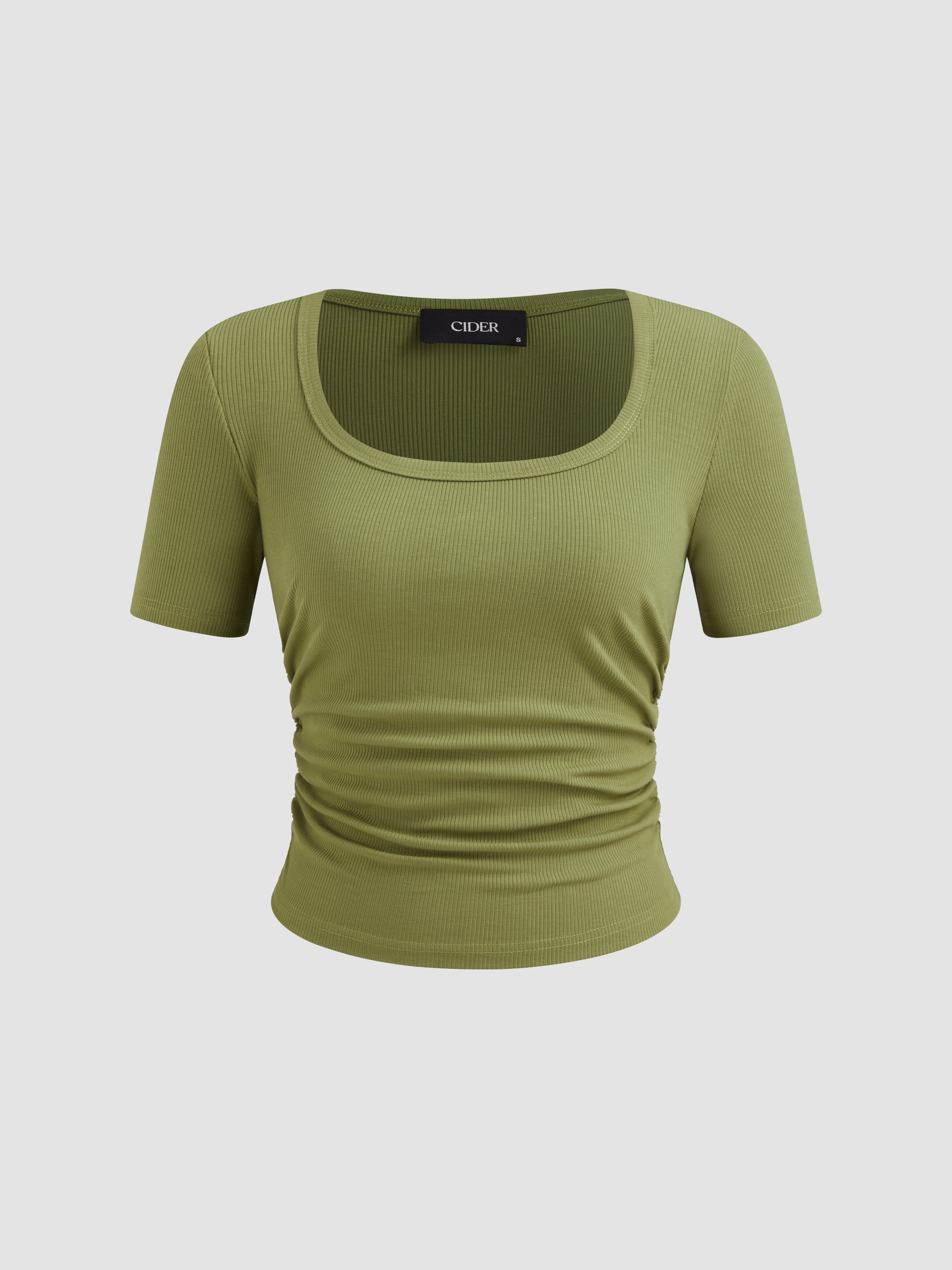 Cute Tops Knit Fabric Square Neck Ruched Short Sleeve Tee For Daily Casual