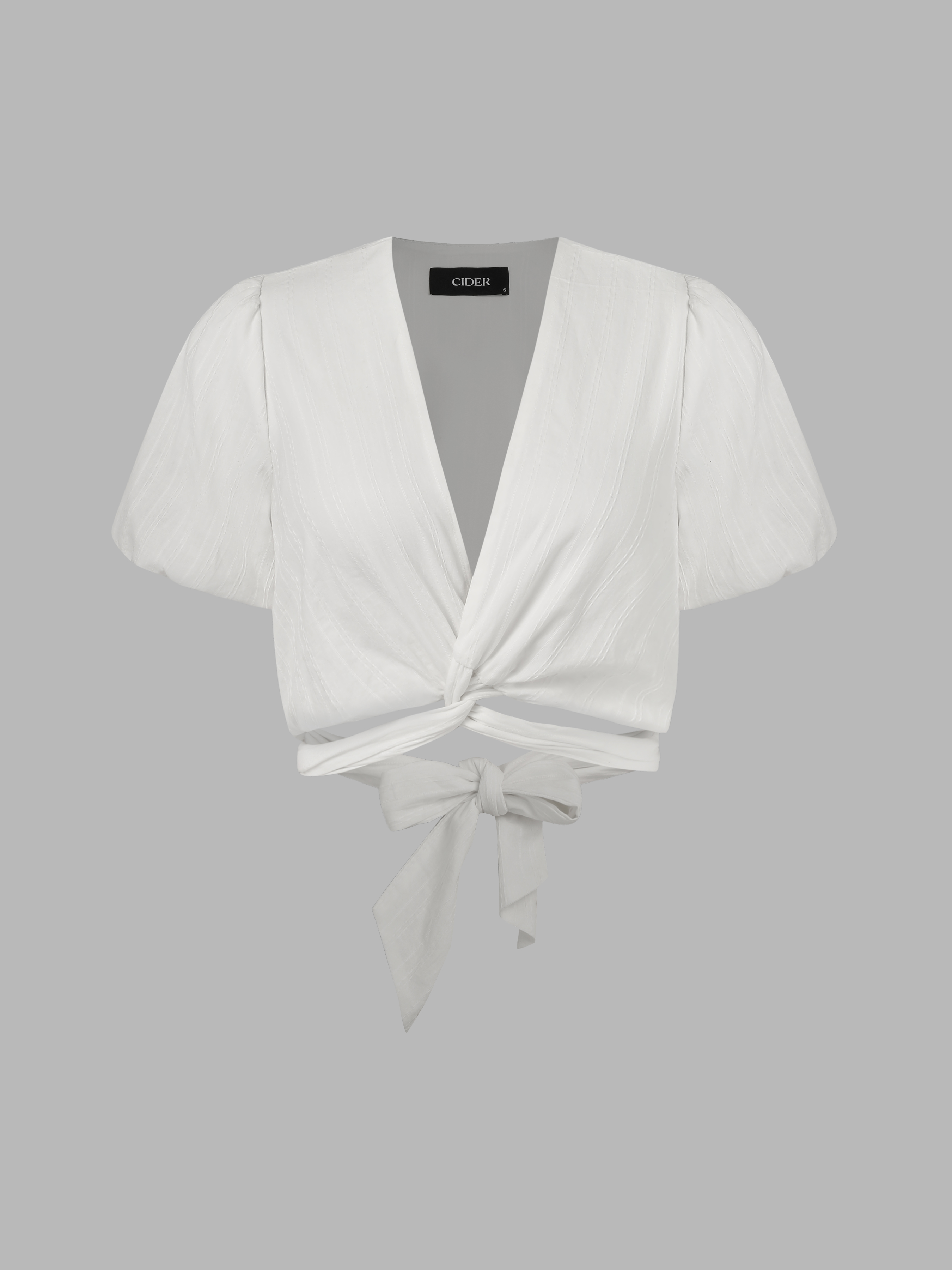 Santorini Beach Vacation V-neck Solid Knotted Crop Short Sleeve Blouse - Cider