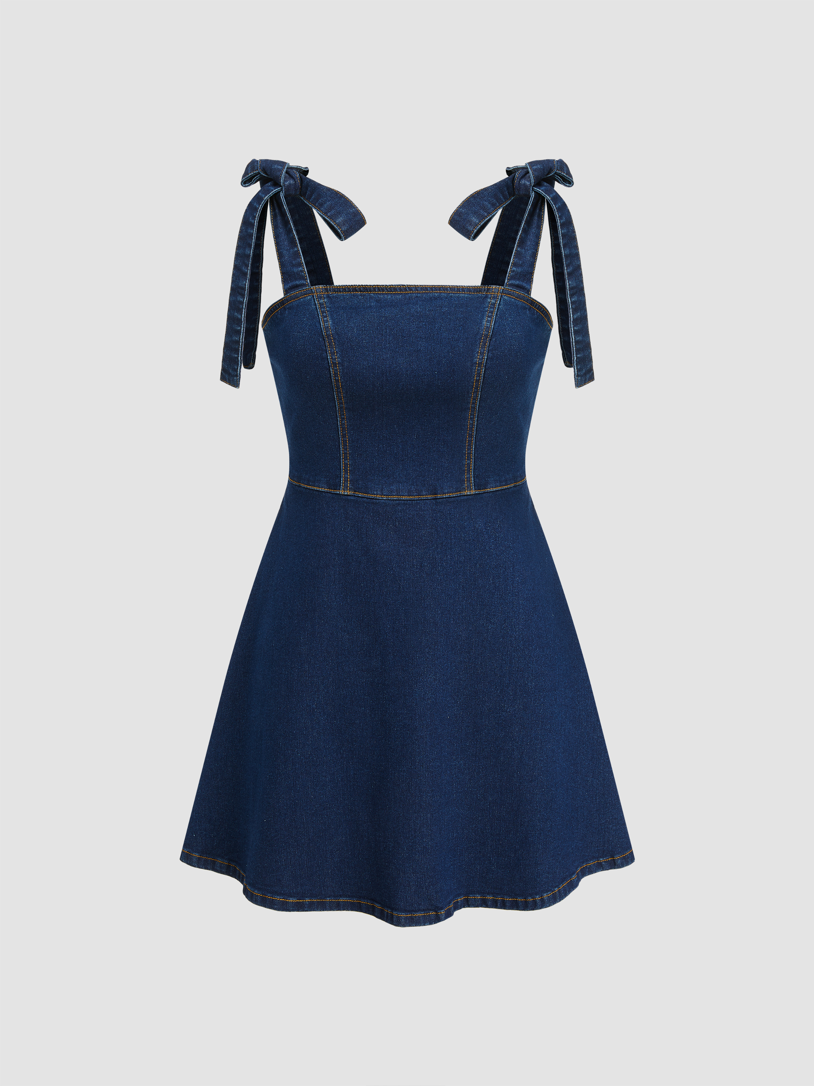 Denim Solid Bowknot Zipper Mini Dress - Cider