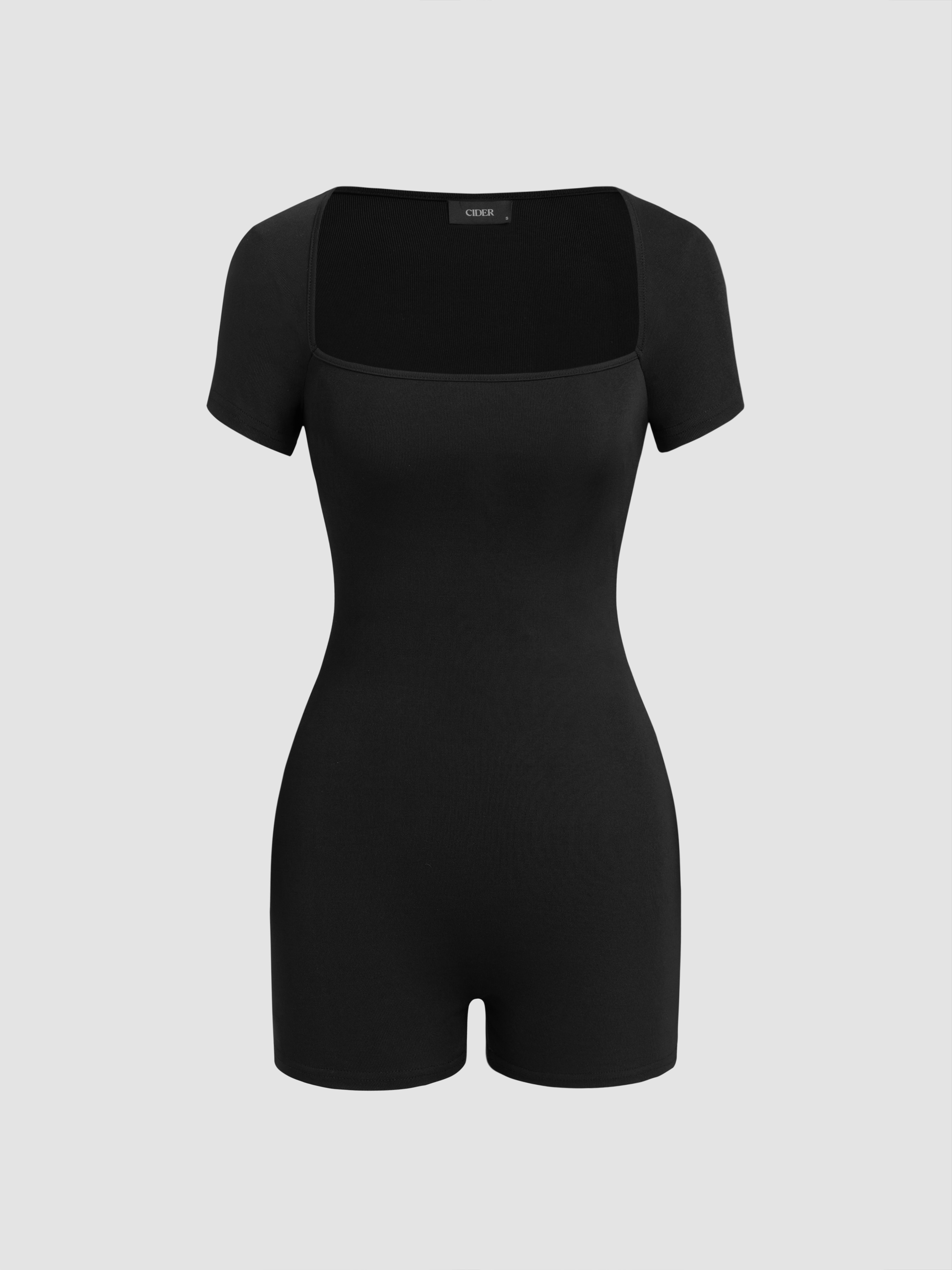 Knit Fabric Solid Square Neck Cut Out Romper For Daily Casual