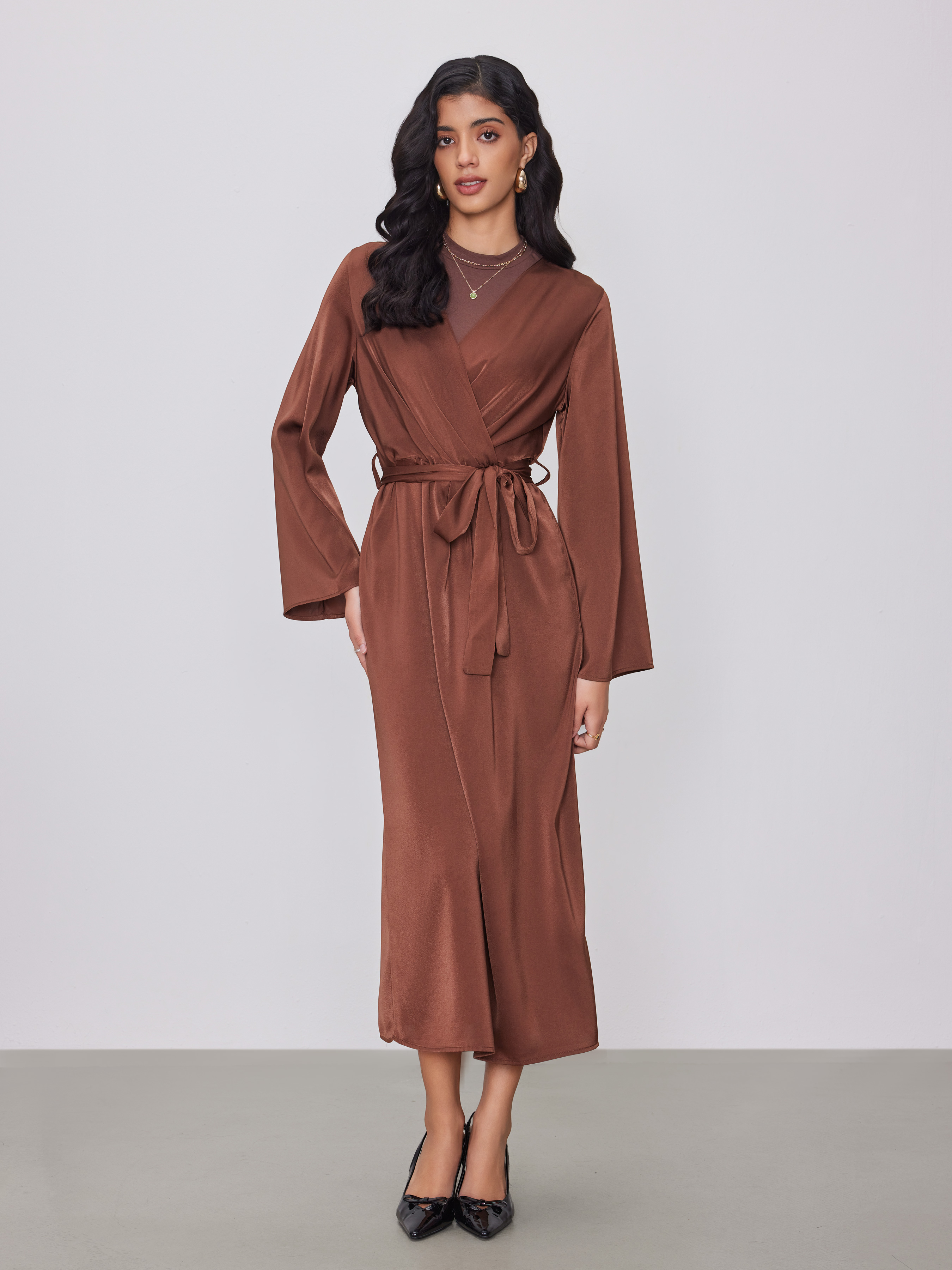 Satin V-neck Lace Up Maxi Dress - Cider