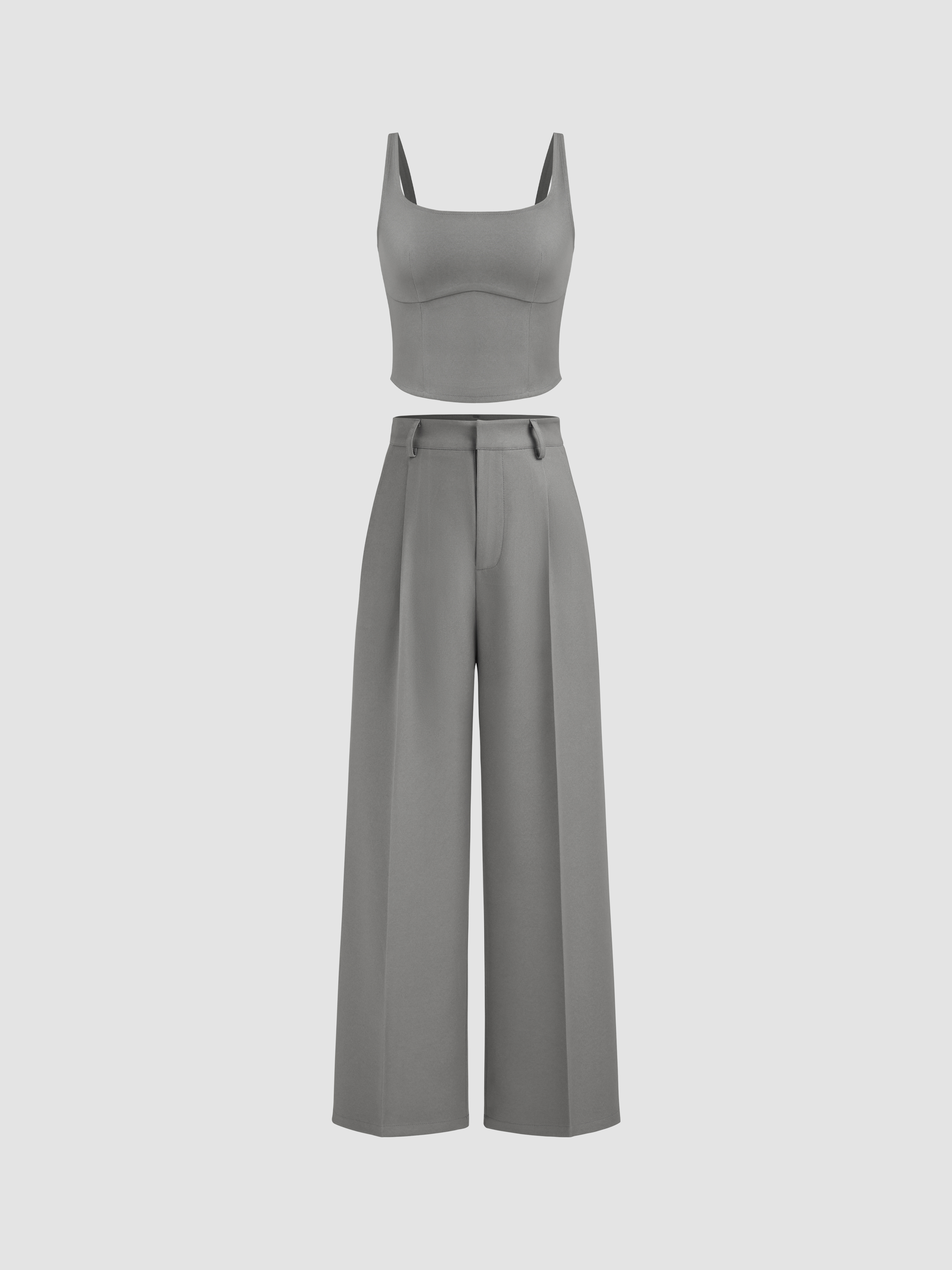 Solid Corset Shirred Crop Tank Top & Mid Rise Wide Leg Trousers - Cider