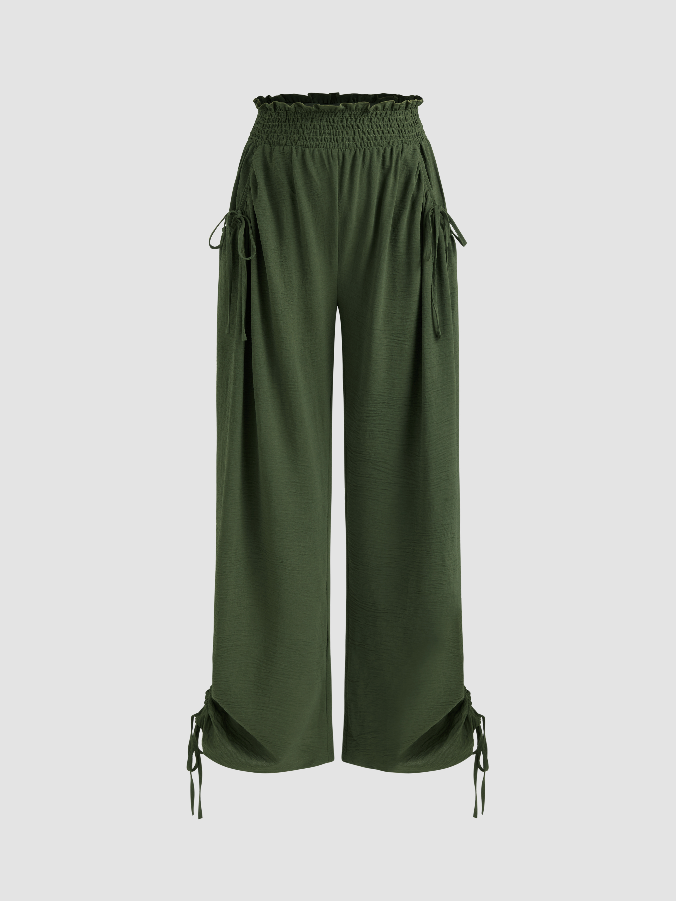 Woven High Rise Solid Drawstring Knotted Wide Leg Trousers - Cider