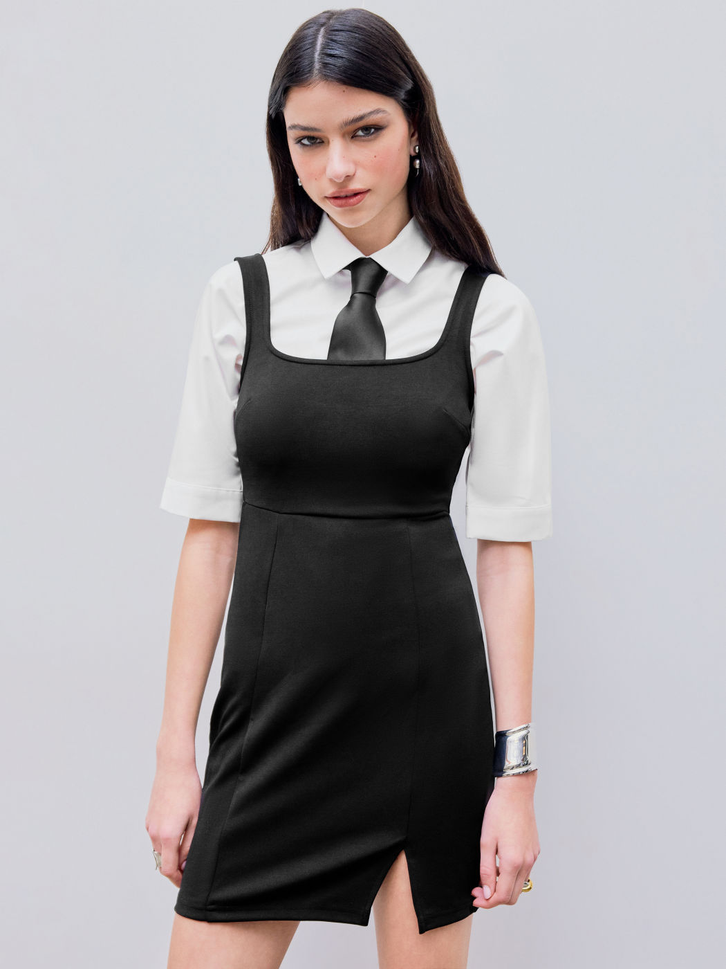 Office Siren Sun Dresses Graduation Dress Grad Dresses Woven Solid Square Neck Split Mini Dress ...