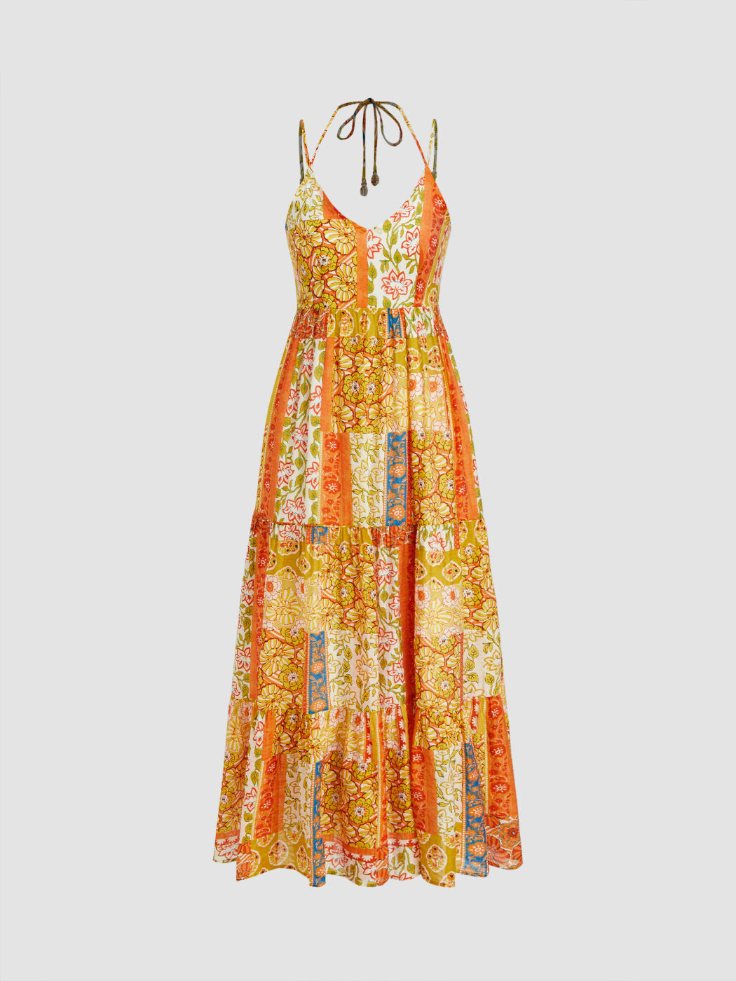 Woven Woven V-neck Halter Floral Patchy Maxi Dress For Vacation