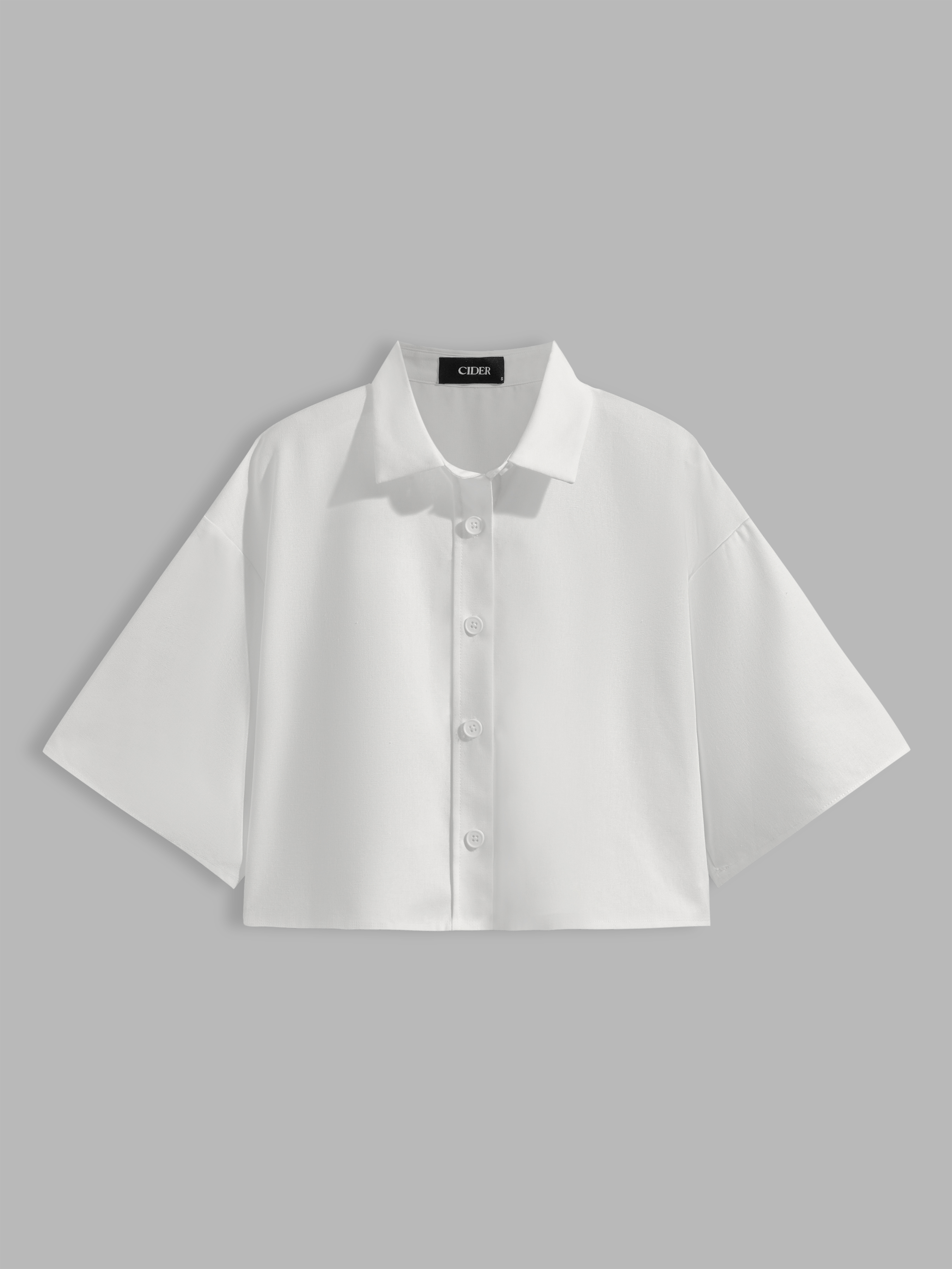 Linen-Blend Collar Solid Middle Sleeve Crop Blouse - Cider